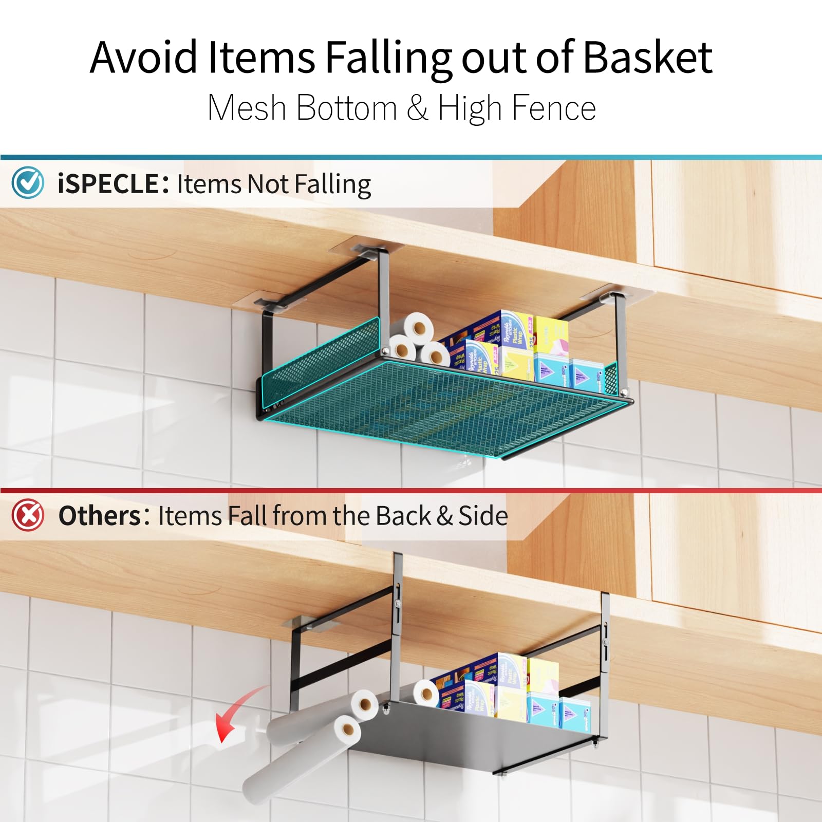 iSPECLE 4 Pack Cabinet Baskets - 2 Pack Under Shelf Baskets and 2 Pack Wire Baskets Add Storage Space, Easily Install with Adhesive for 15" and 30" Upper Cabinet, Wire Storage Basket Easy to Get Items