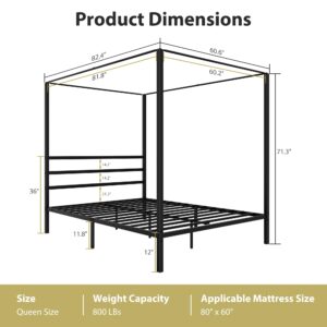 SUPER DEAL Metal Canopy Bed Frame Queen Size Four Poster Bedframe with Built-in Headboard 14 Inch Platform Mattress Foundation Sturdy Slatted Structure No Box Spring Needed Easy Assembly, Black