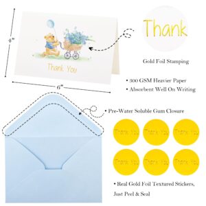 Crisky Baby Shower Blue Gold Foil Thank You Cards with Envelopes 50 Pack Greeting Notes Bulk (Cute Bear with Baby Carriage)