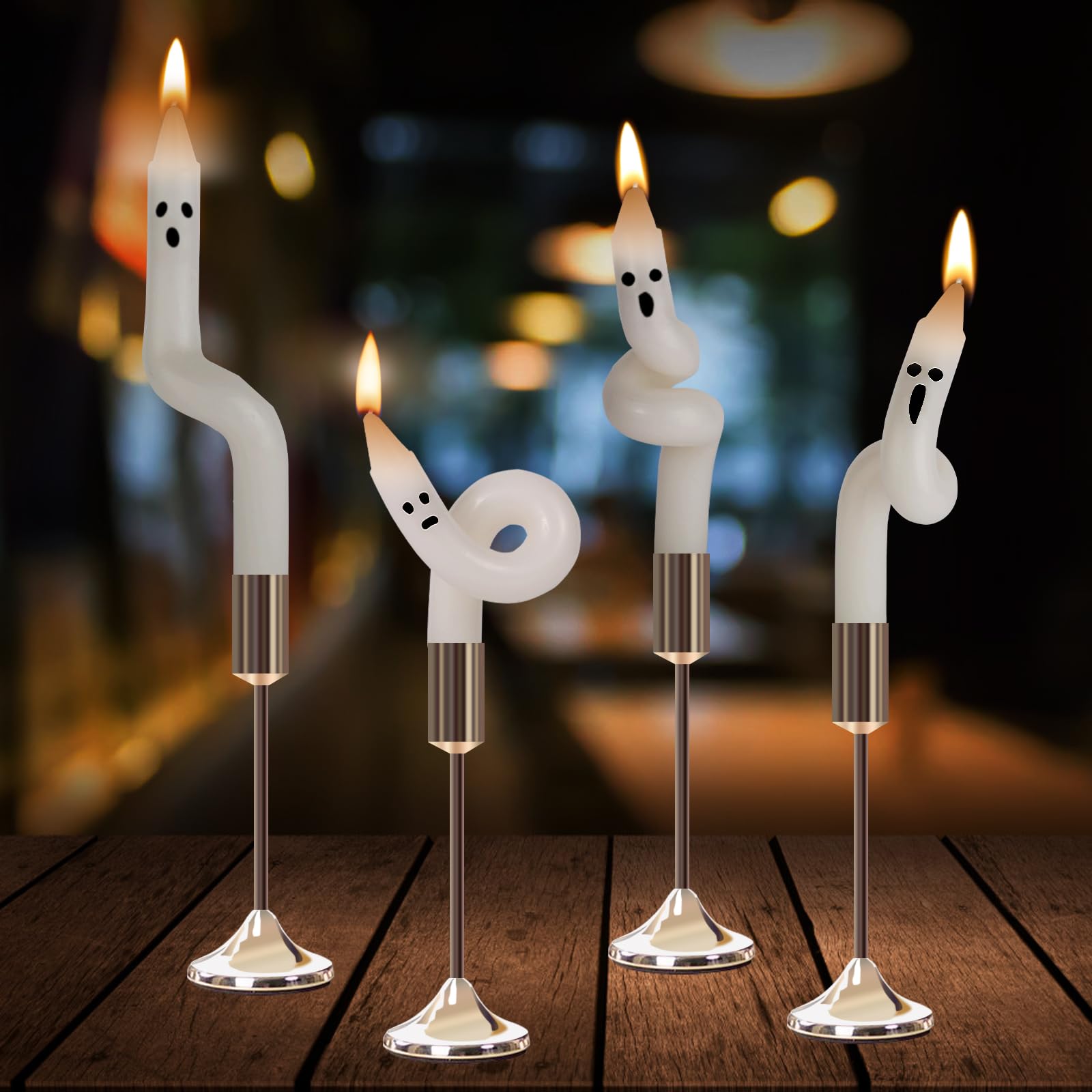 4 Pieces Halloween Ghost Candle Sticks,White Twisted Ghost Candles, Spooky Halloween Taper Candles for Halloween Party Decorations Family Birthday Dinner