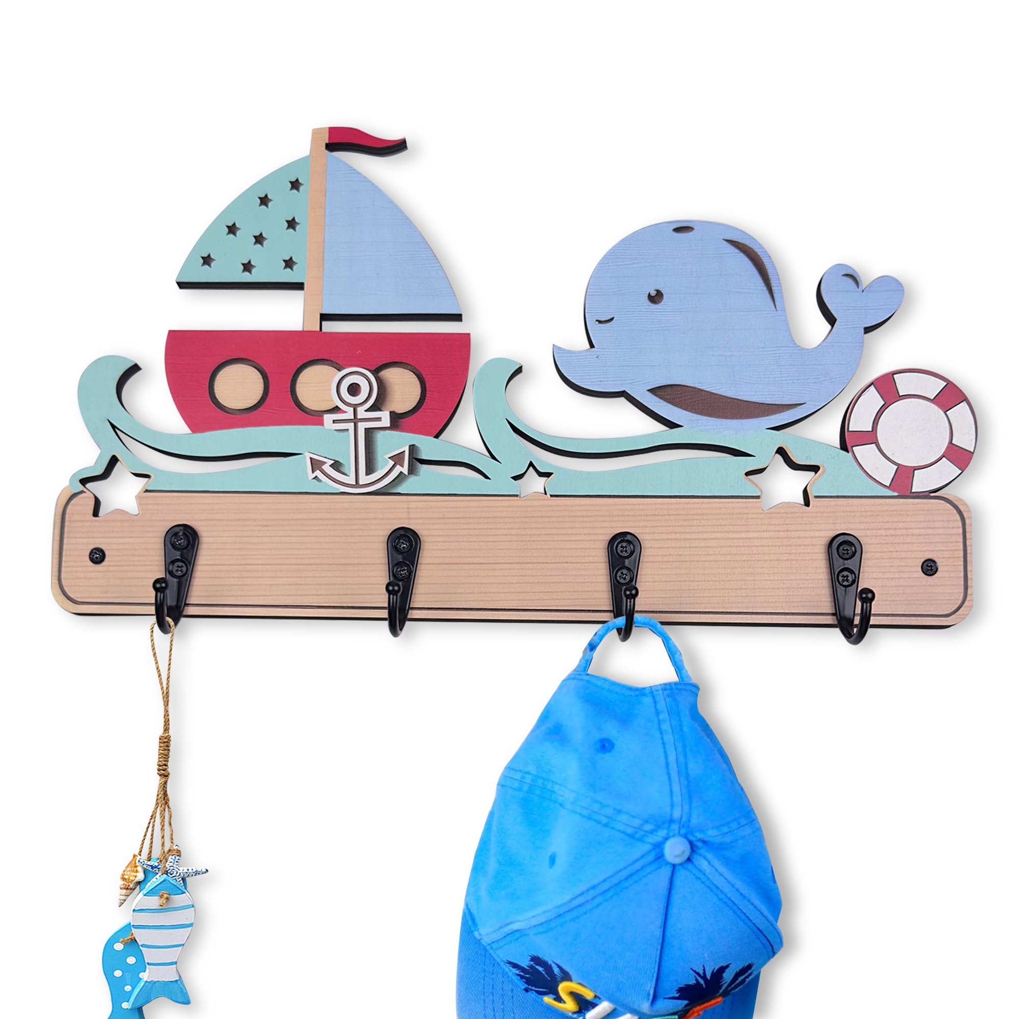 Midrean Cute Wooden Kids Nursery Coat Rack Colorful Wall Mount Hooks -13.7" Long for Children's Room Hanging Towels Hook