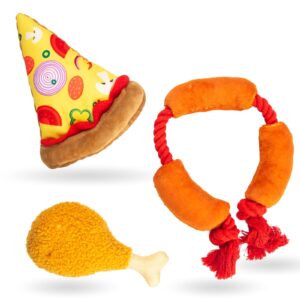 squeaky toys for dogs – fun interactive food-themed set，pizza，drumstick，and sausage rope，durable tug toy and chew toy，ideal for small & medium dogs and strong chewer，safer non-toxic materials