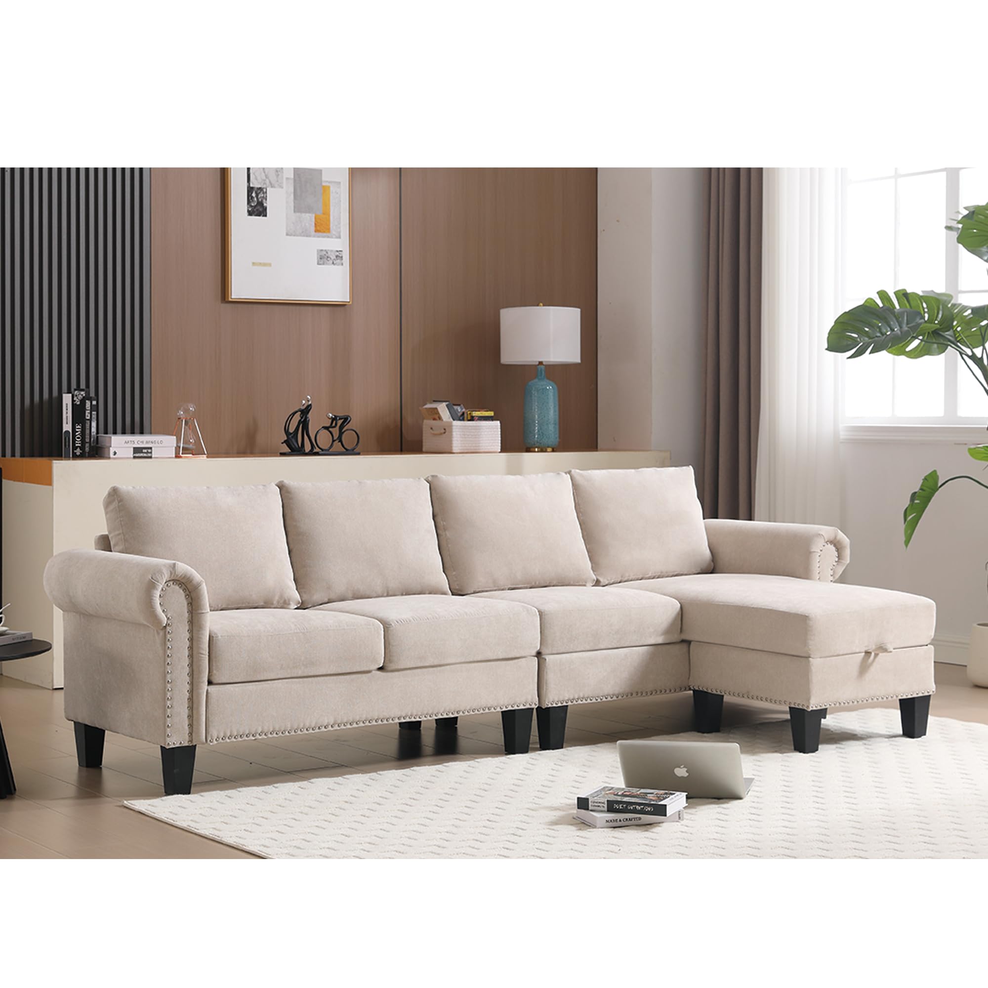 Ball & Cast 106" Convertible Sectional Sofa with Storage Chaise, Linen Upholstered 4 Seater Couch with Back Cushions and Removable Ottoman for Living Room, Apartment, Office,Beige