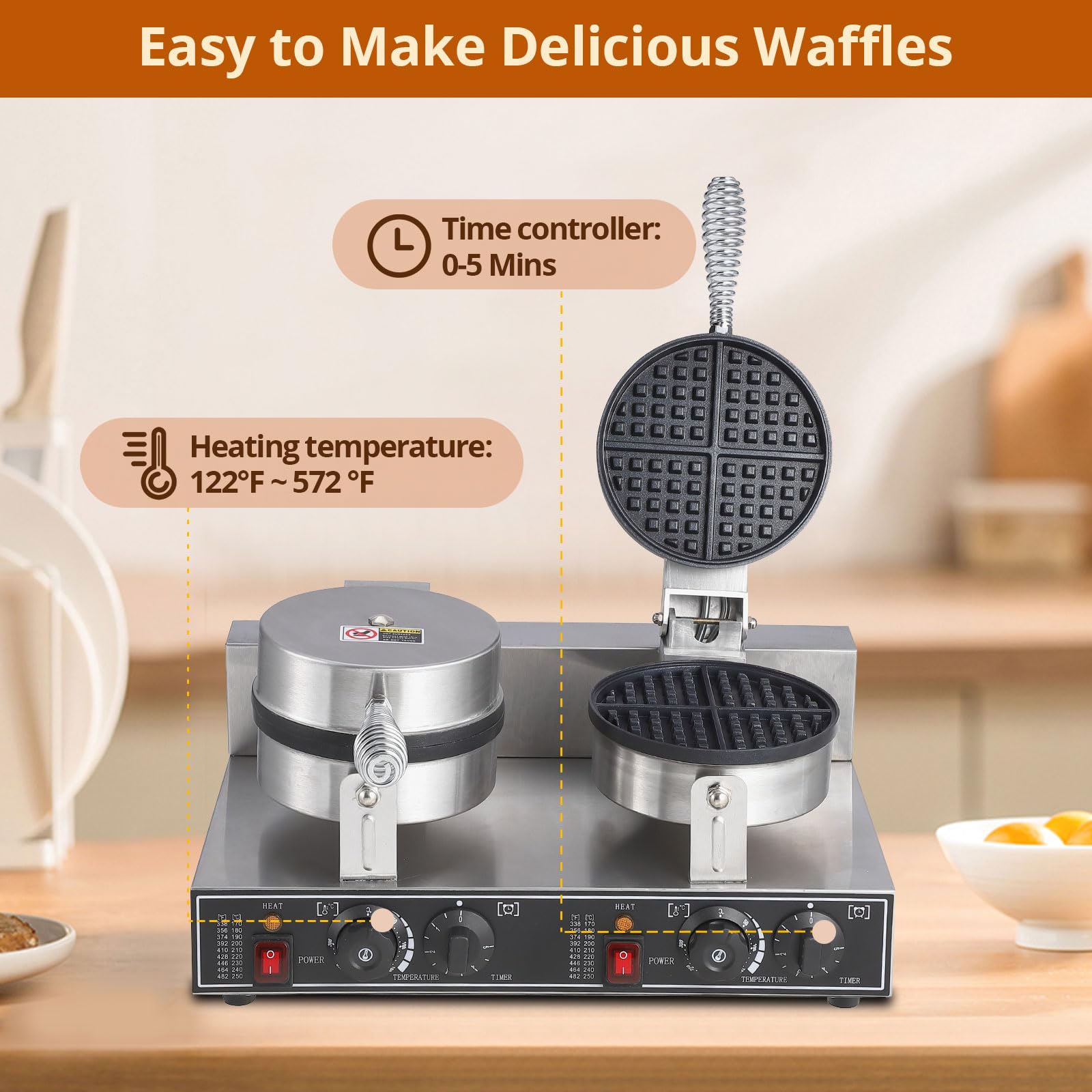 PioneerWorks Commercial Waffle Maker 2600W, Round Waffle Iron, Non-Stick Rotatable Waffle Baker Machine, Stainless Steel Round Commercial Waffle Maker for Restaurant, 50°C-300°C Temp Range, 110V