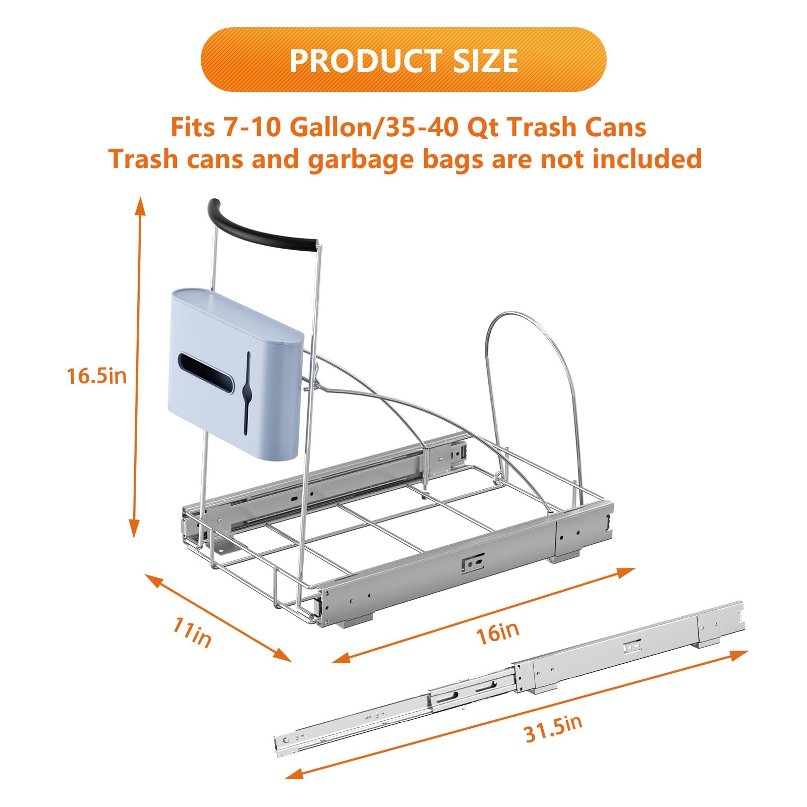 Pull Out Trash Can Under Cabinet with Garbage Bag Holder，Heavy Duty Under Sink Garbage Can Pull Out Kit-Up to 125 lb，Fit for 7–13 Gallon Cans ，Chrome (Trash Can Not Included)