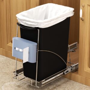 pull out trash can under cabinet with garbage bag holder，heavy duty under sink garbage can pull out kit-up to 125 lb，fit for 7–13 gallon cans ，chrome (trash can not included)