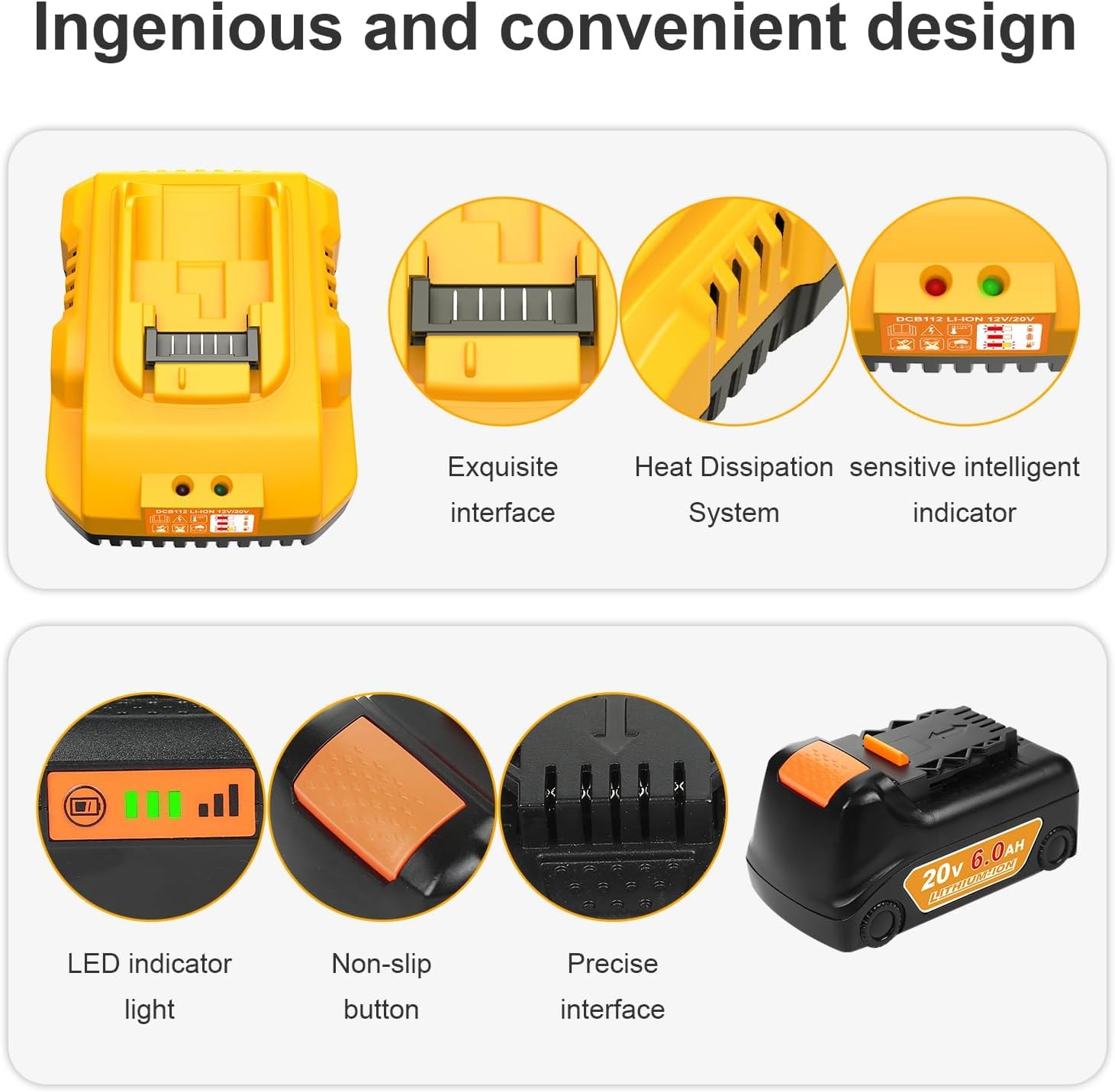 20v Max Battery 2Pack Replacement for Dewalt 20V 6.0Ah Battery with DCB112 Battery Charger Station for DCB201 DCB204 DCB206 DCB120