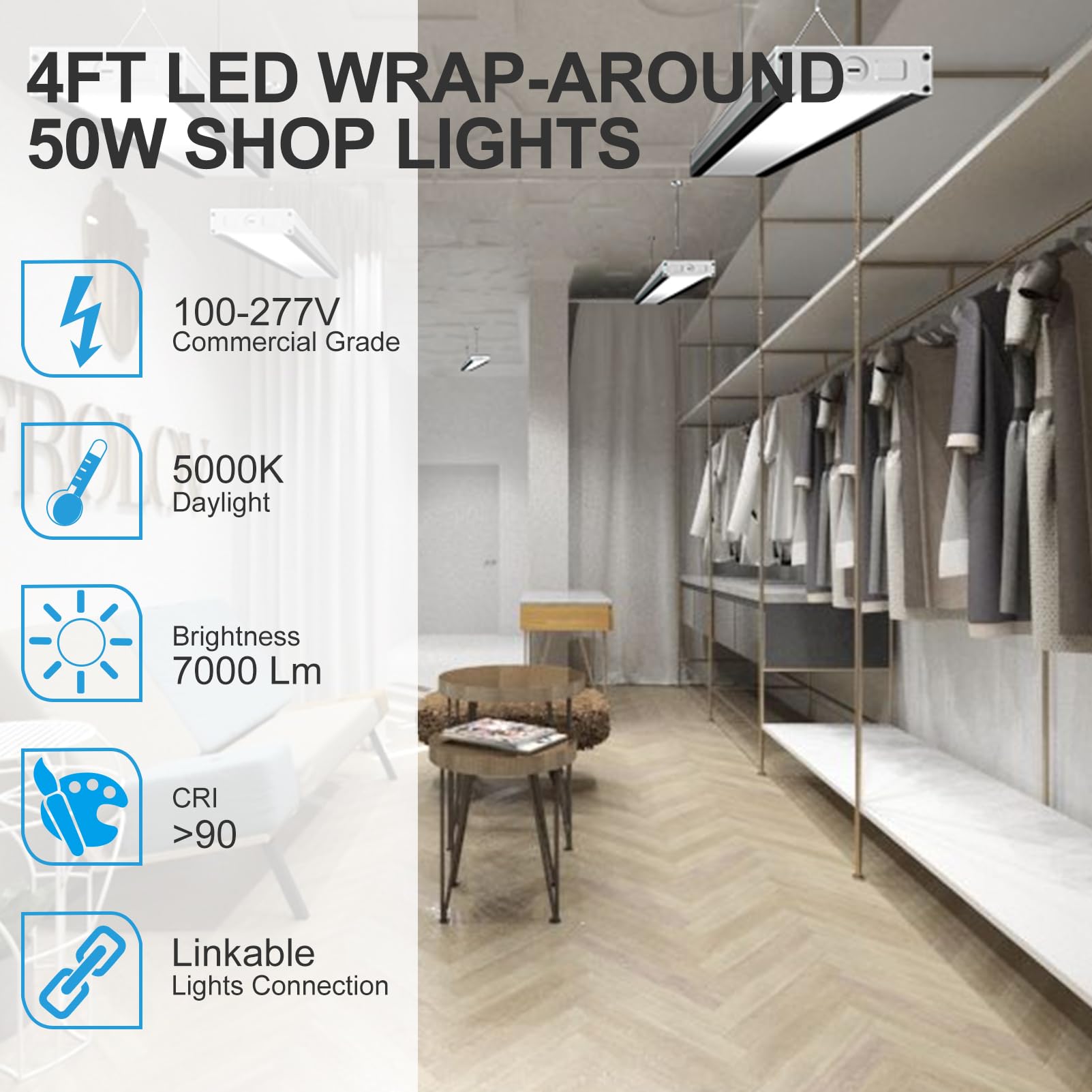 Lightdot 4FT-5IN LED Wraparound Shop Lights,100-277v Linkable,50W 4FT LED Light Fixtures for Garage Workshop Supermarket,7000LM [Eqv. 400W] 5000K Black&White,Flush and Hanging Mouting Available-1Pack