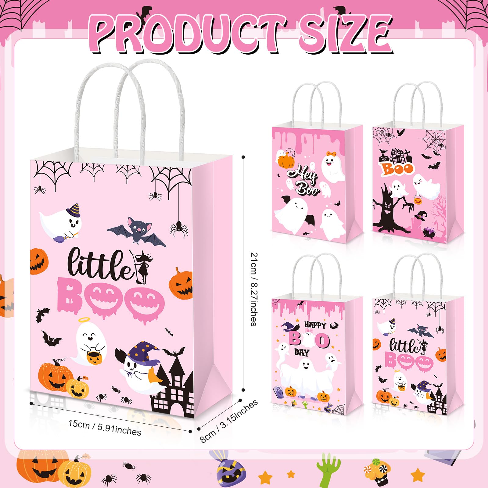 Kolldenn 12 Pieces Pink Halloween Treat Bags with Handle Little Boo Gift Bags Pink Halloween Candy Bags Boo Party Favor Bags for Halloween Party Decor