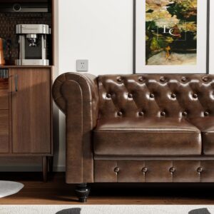 ReyTinn Modern Chesterfield Button-Tufted Couch, 88.2" Brown PU Leather 3 Seater Sofa, Home Luxurious Upholstered Sofa Deep Seat Couch for Living Room Apartment Home Office