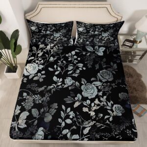 Feelyou Rose Sheet Set Full Size Kids Rose Floral Print Sheets with Deep Pocket Fitted Sheet for Boys Girls Teens Romantic Flowers Pattern Bed Sheets Set Black Bedding Set