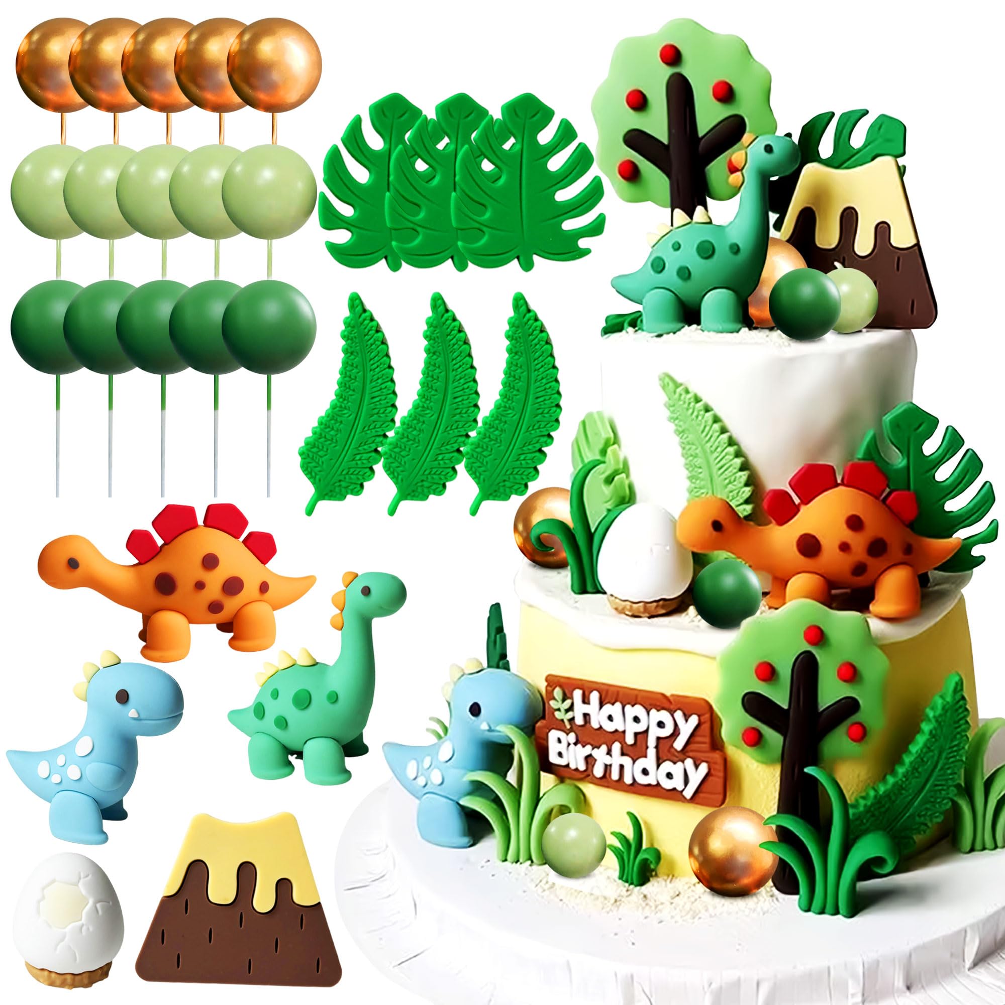 JeVenis Luxury Little Dinosaur Cake Decorations Dinosaur Cupcake Topper Green Rex Three Dino Cake Toppers for Birthday Baby Shower Party Supplies