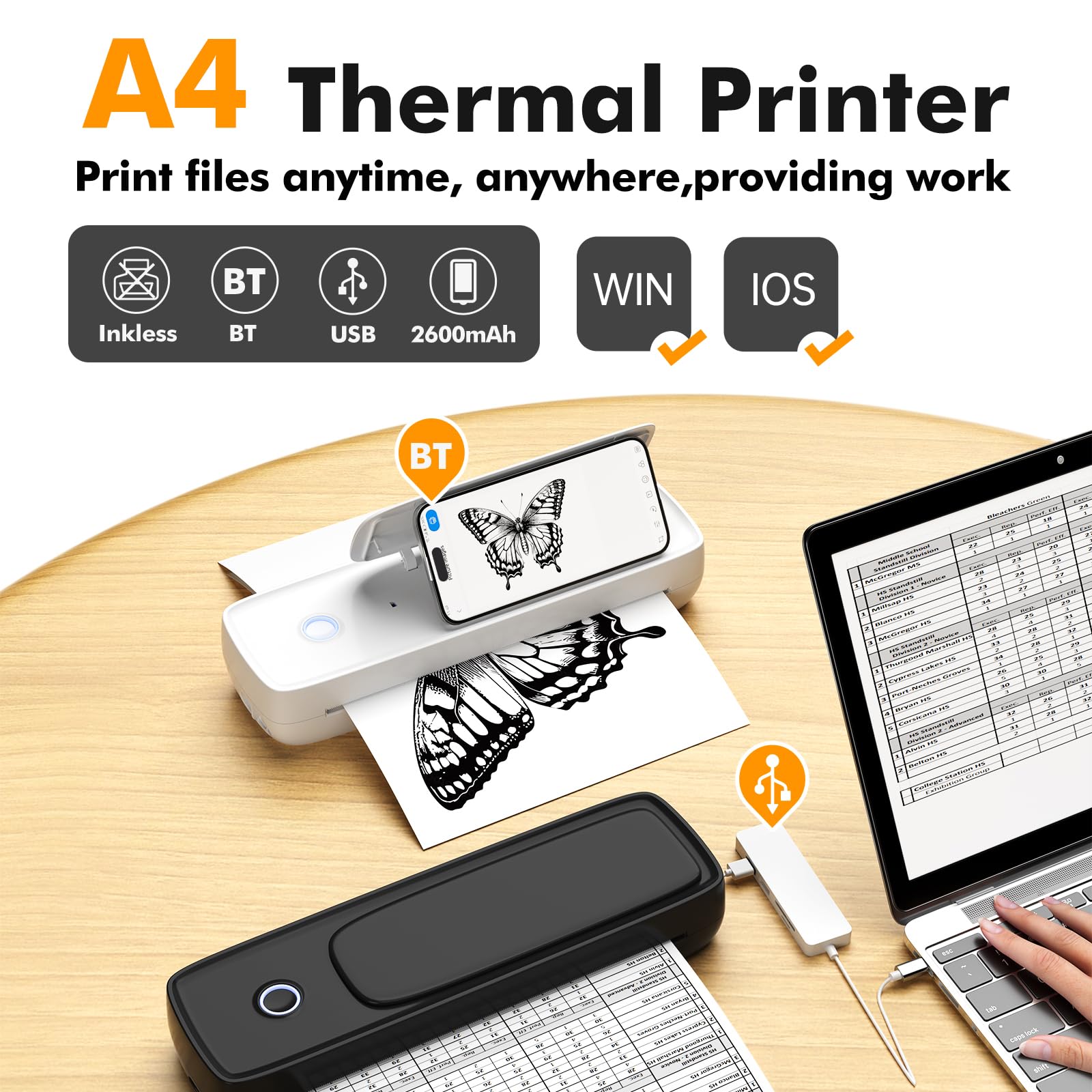 HXBER A4 Printer, A4 Portable Paper Printer Thermal Printing Wireless BT Connect Compatible with iOS and Android Mobile Photo PrinterSupport Various Paper Sizes