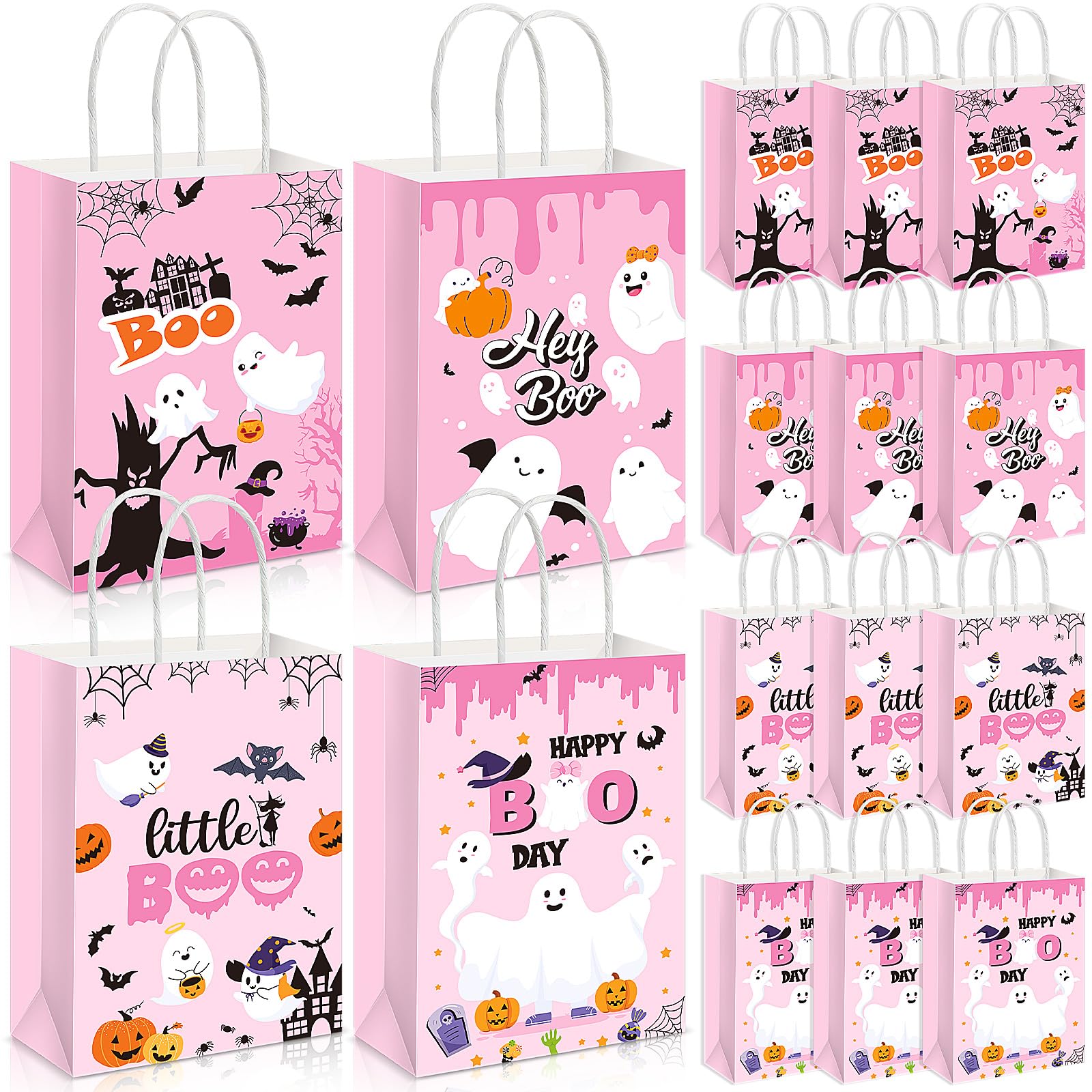 Kolldenn 12 Pieces Pink Halloween Treat Bags with Handle Little Boo Gift Bags Pink Halloween Candy Bags Boo Party Favor Bags for Halloween Party Decor