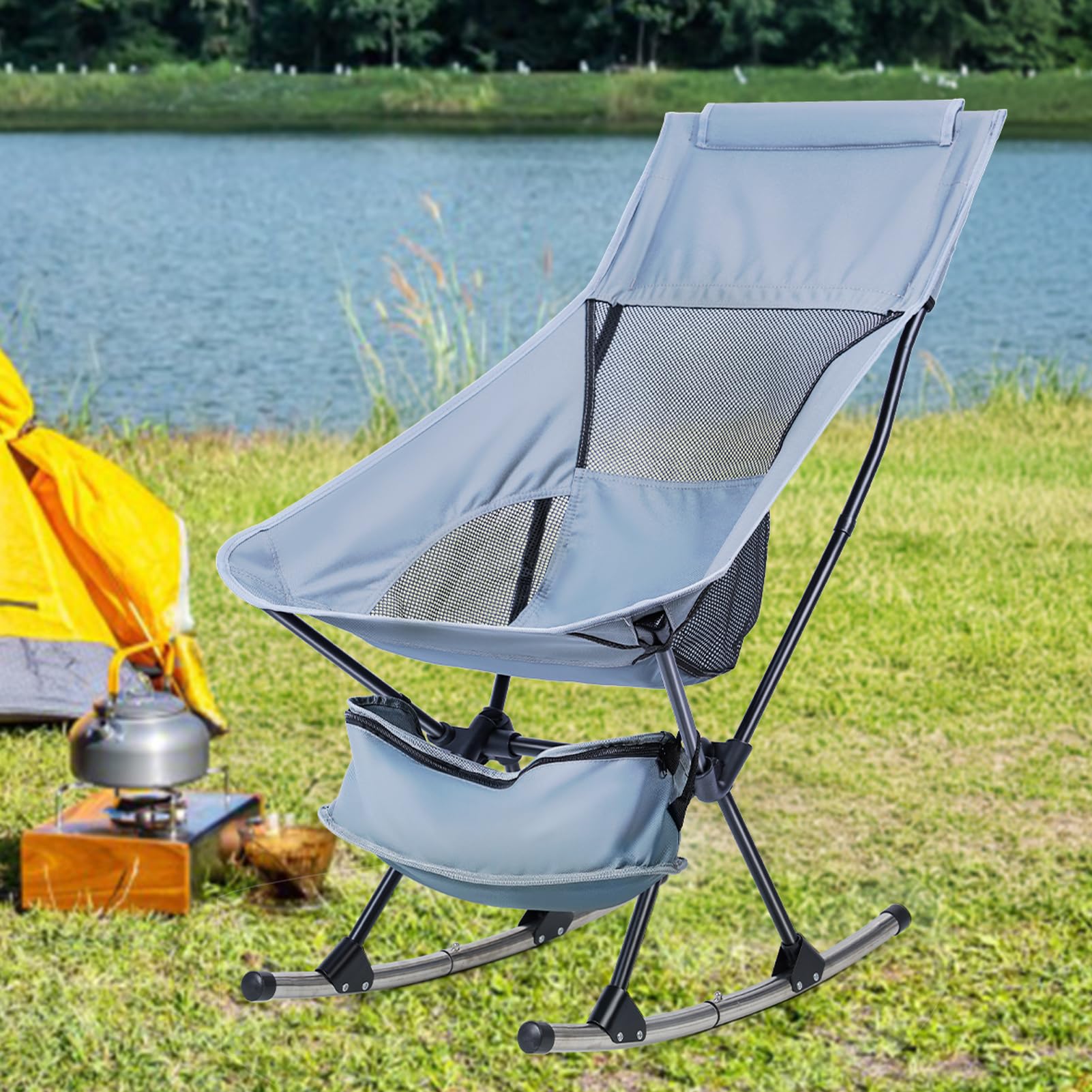 Outdoor Camping Chair, Oversized Folding Chair, Rocking Chair, Adult Heavy Duty Camping Chair for Patio, Lawn and Outdoor Outdoor Folding Rocking Chair, Weight Capacity 253 lbs (Gray)