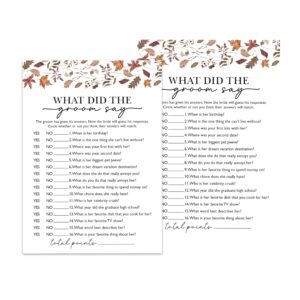 fall bridal shower games – 25 pack, what did the groom say, autumn floral wedding shower games cards, newlyweds party decoration, engagement party games, bachelorette party ideas -03