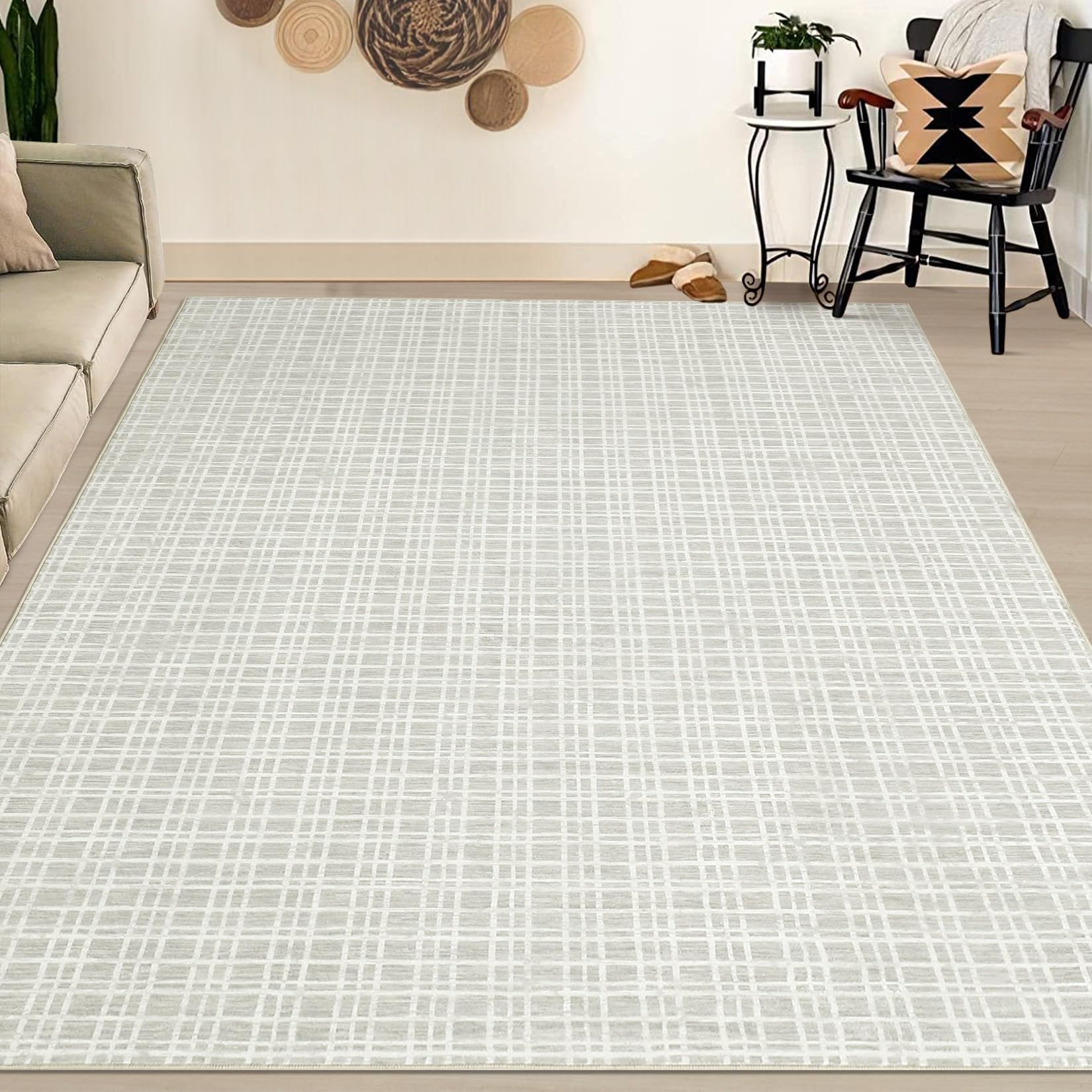 JOLENE.K Washable Rugs 8x10 Geometric Plaid Rug for Living Room Modern Distressed Area Rug for Bedroom Contemporay Office Rug Low Pile Neutral Soft Nursery Rug Non Slip Farmhouse Floor Cover Taupe