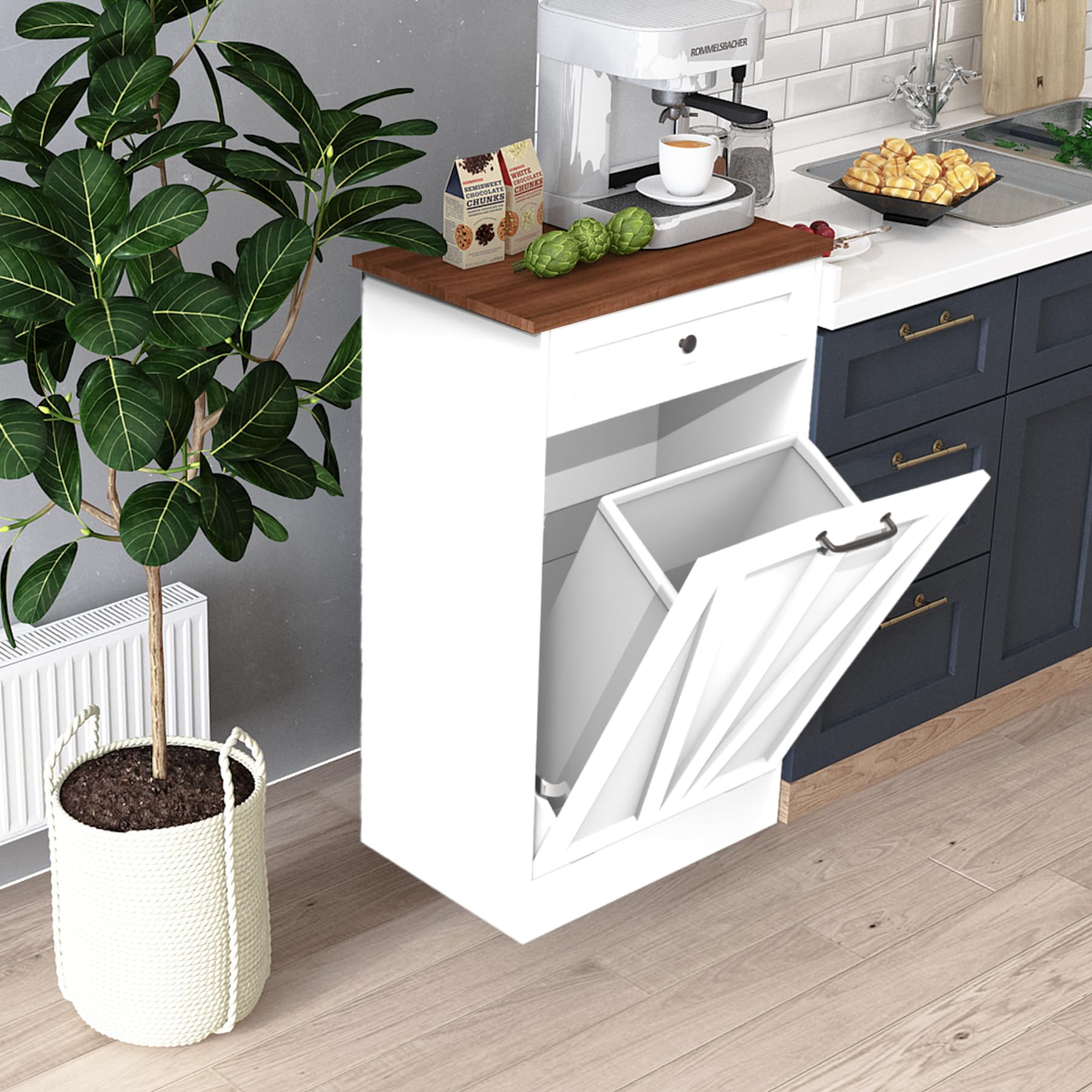 Kitchen Trash Can 10 Gallon, Tilt Out Waste Bin Cabinet with Storage Drawers, Hidden Trash Can Cabinet, Garbage Can Cabinet, Recycling Storage Cabinet for Kitchen, Dining Room, Laundry, Bathroom White