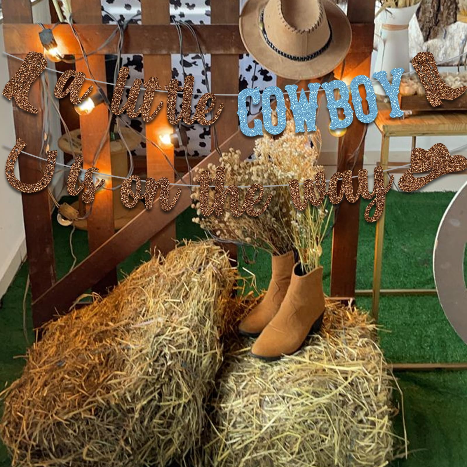 Cowboy Baby Shower Decoration A Little Cowboy Is On The Way Banner Western Boots Hats Backdrop Blue