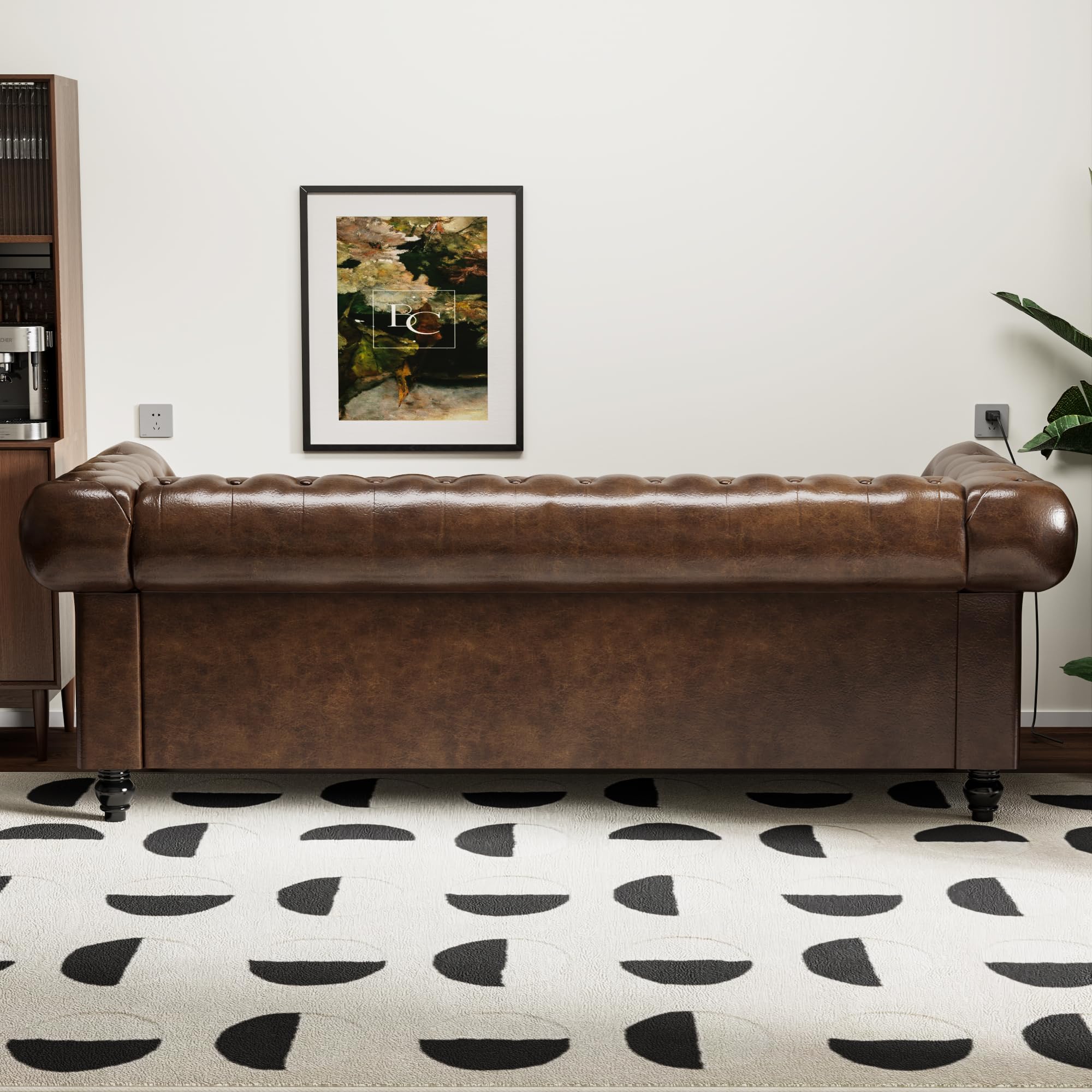 ReyTinn Modern Chesterfield Button-Tufted Couch, 88.2" Brown PU Leather 3 Seater Sofa, Home Luxurious Upholstered Sofa Deep Seat Couch for Living Room Apartment Home Office