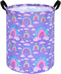 acmuuni 19.7 inch purple rainbow round kids round laundry clothes hamper dino laundry basket with handles,baby toys storage organizer bins laundry gift basket for boys and girls room, bedroom decor