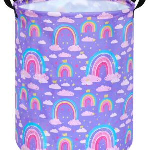 ACMUUNI 19.7 Inch Purple Rainbow Round Kids Round Laundry Clothes Hamper Dino Laundry Basket with Handles,Baby Toys Storage Organizer Bins Laundry Gift Basket for Boys and Girls Room, Bedroom Decor