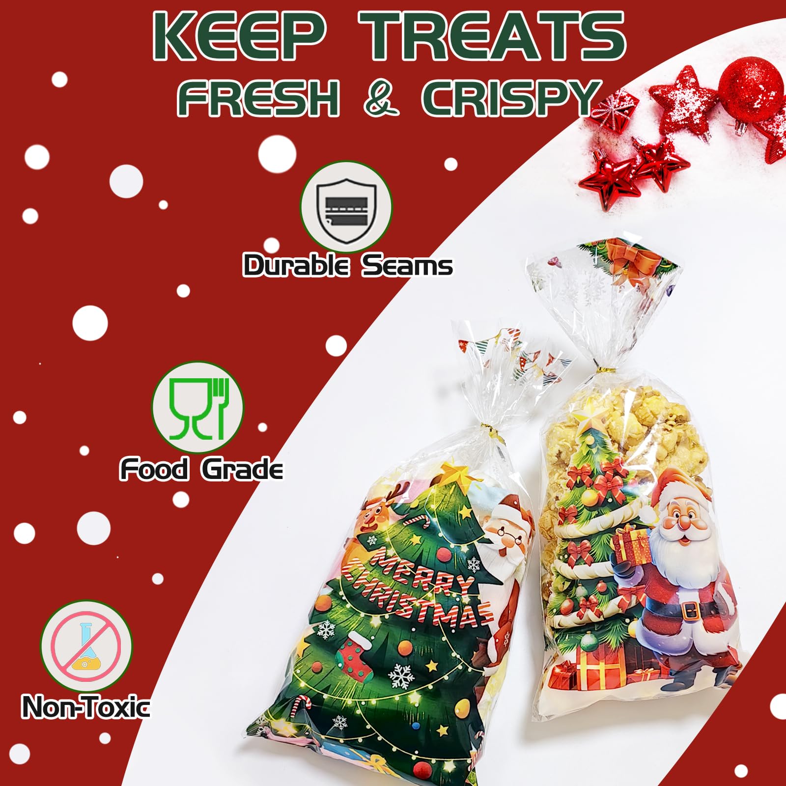 QOIUSO Christmas Treat Bags Cellophane Bags: 60 PCS Christmas Candy Bags with Ties for Goodie Snacks Gifts Wrapping, Clear Cellophane Xmas Gift Bags for Christmas Party Favor Supplies- 4 Style