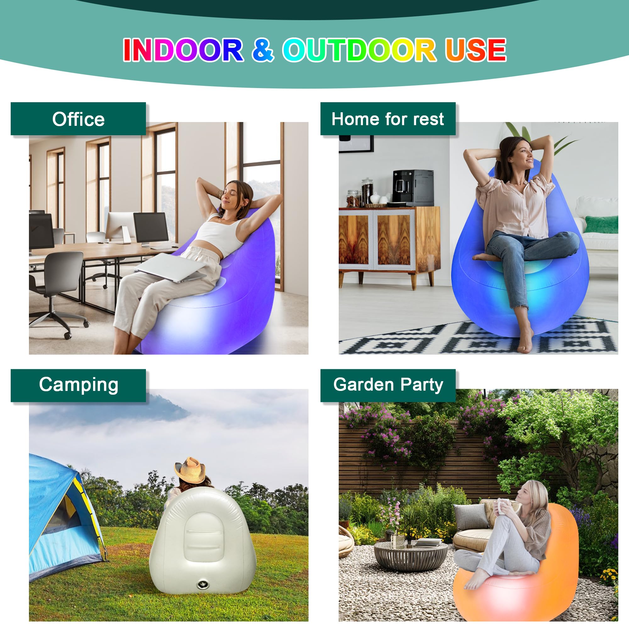 MIICASA LED Light Inflatable Chair, Blow Up Illuminated Air Sofa, Folding Lazy Sofa Furniture, Inflatable Lounge, Inflatable Couch Without Pump for Indoor Outdoor Camping, Party, Beach, Hiking, Yard