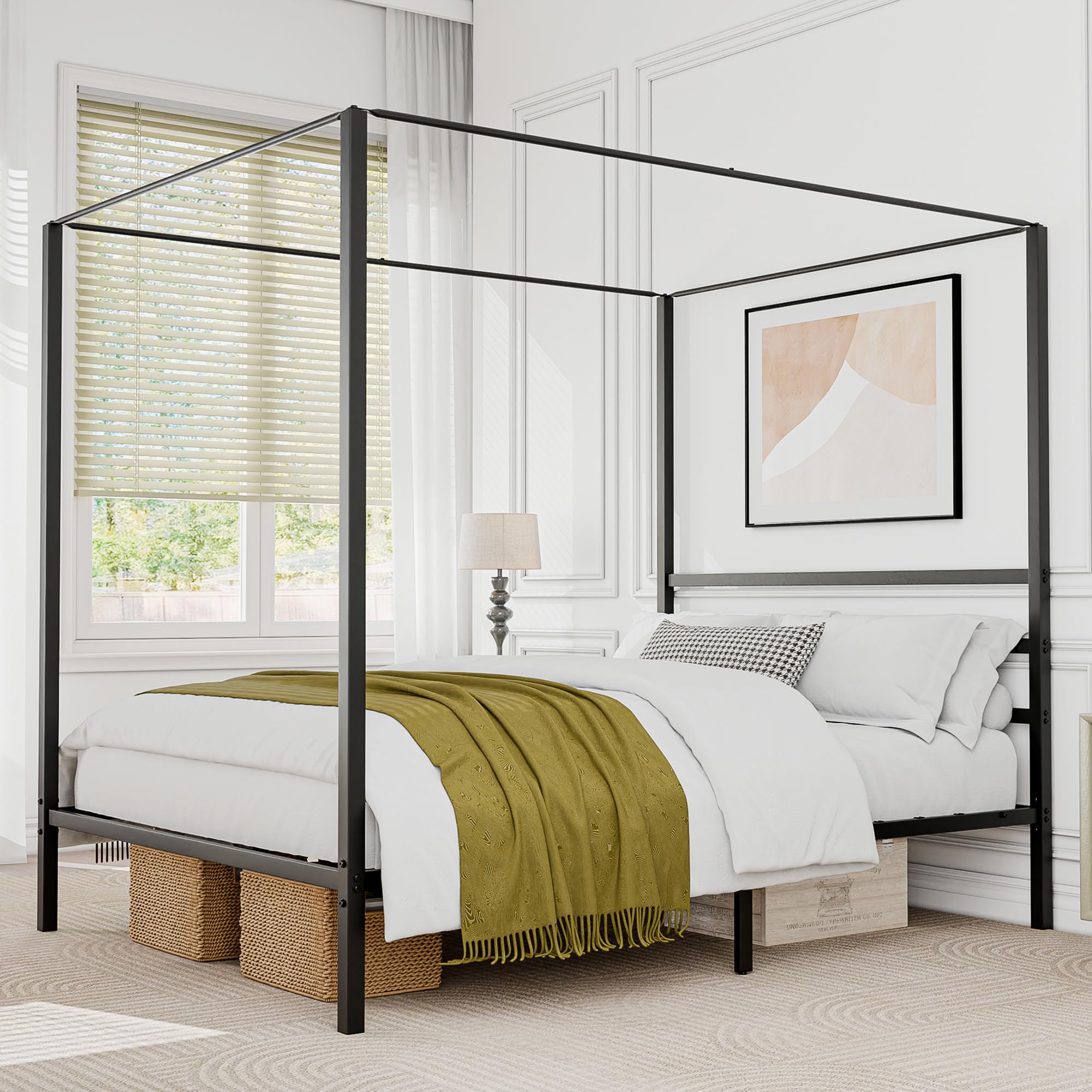 SUPER DEAL Metal Canopy Bed Frame Queen Size Four Poster Bedframe with Built-in Headboard 14 Inch Platform Mattress Foundation Sturdy Slatted Structure No Box Spring Needed Easy Assembly, Black