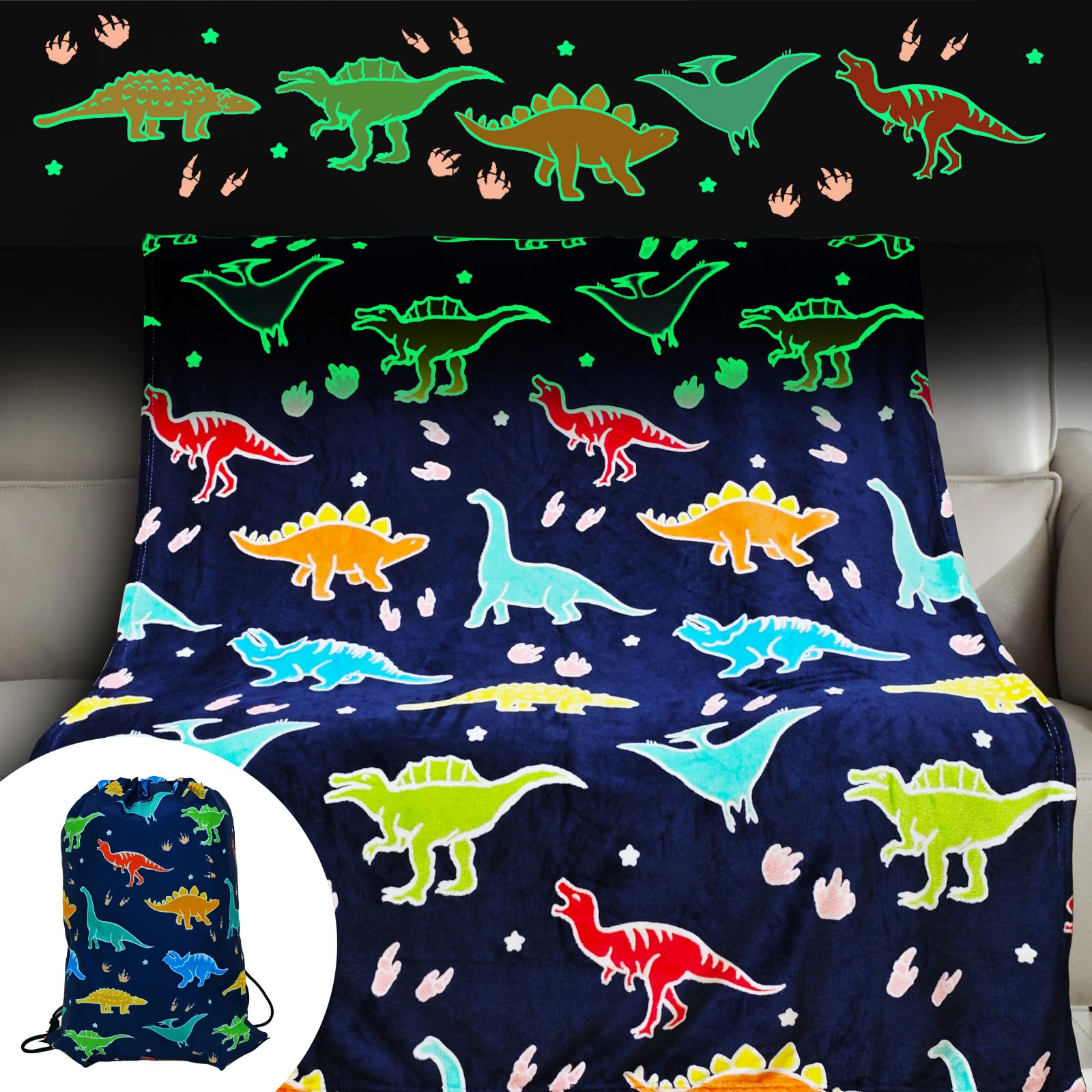 Dino Blanket,Glow in The Dark Dinosaur Blanket with Bag for Boys Kids Girls Child Teen Cute Soft Dinosaur Gifts Toys for Birthday Christmas Halloween Present Dinosaur Room Decor Blanket 50"x60"