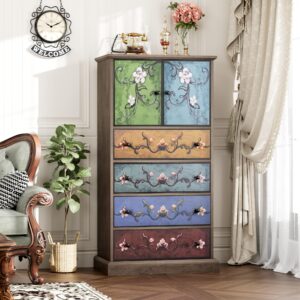 finetones 50’’ Tall Dresser, Boho Dresser Vintage Dresser with 4 Drawers and 2 Doors, Wood Dresser Chests of Drawers for Home, 16.1D x 23.6W x 50H Inch