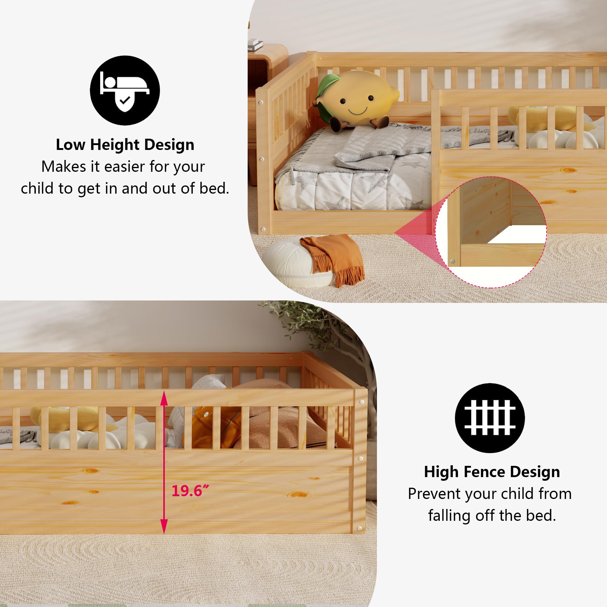 Bocarali Twin Size Montessori Floor Bed, Wood Floor Bed with High Fence, Twin Montessori Bed Frame for Kids Boys Girls, Natural, 78.5" L x 41.4" W x 19.6" H