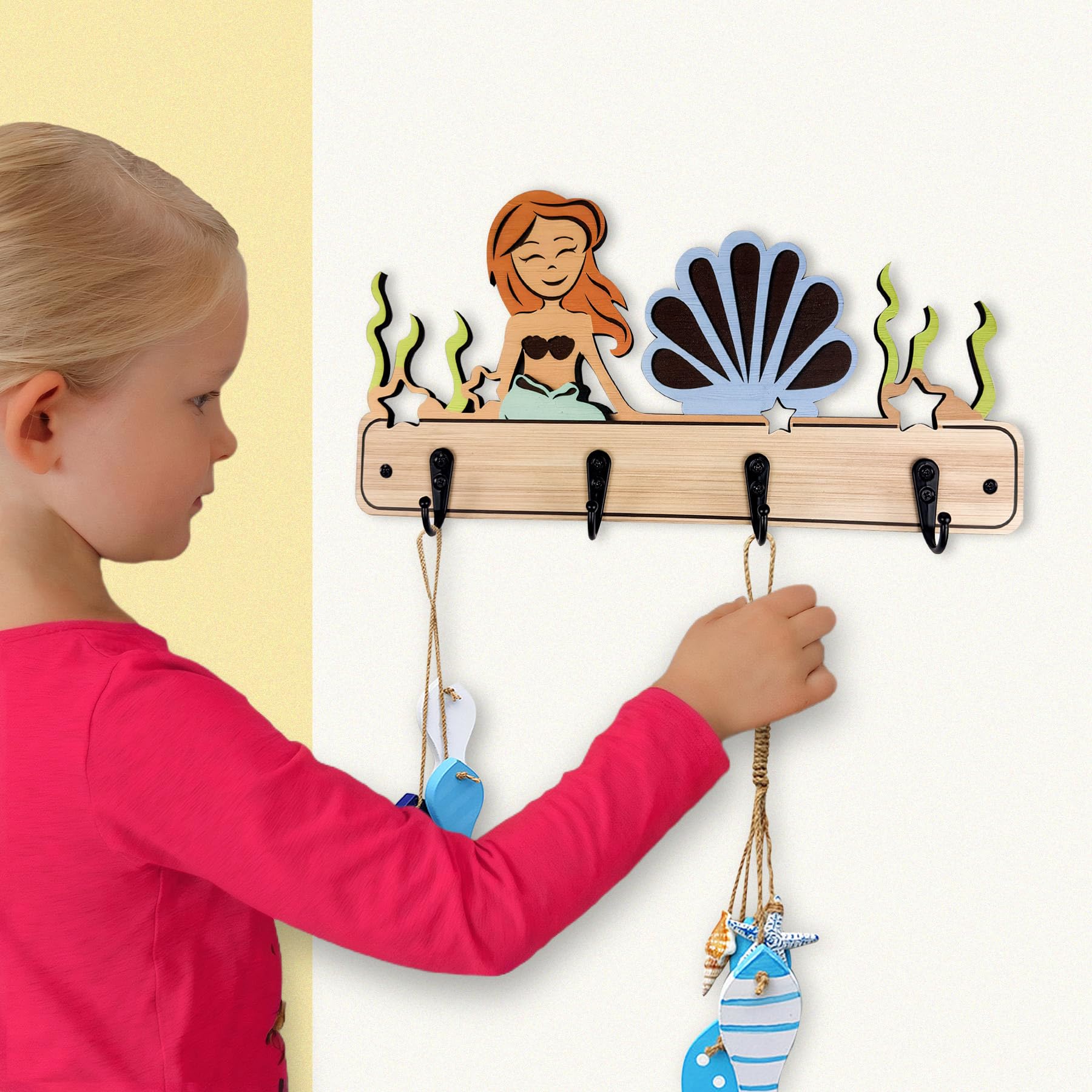 Midrean Wooden Cute Kids Nursery Towel Coat Rack Colorful Wall Hooks Mount Wood Hook