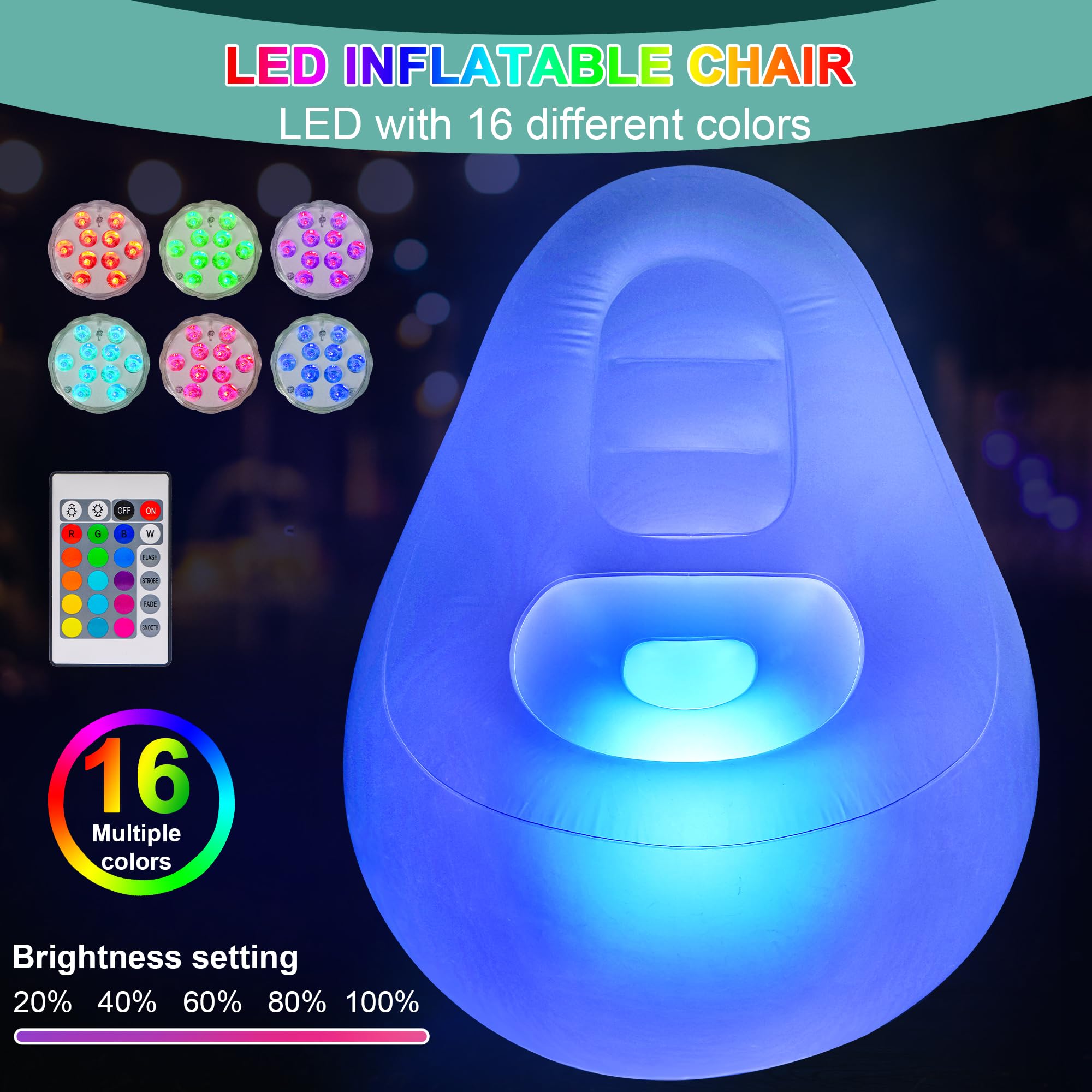 MIICASA LED Light Inflatable Chair, Blow Up Illuminated Air Sofa, Folding Lazy Sofa Furniture, Inflatable Lounge, Inflatable Couch Without Pump for Indoor Outdoor Camping, Party, Beach, Hiking, Yard