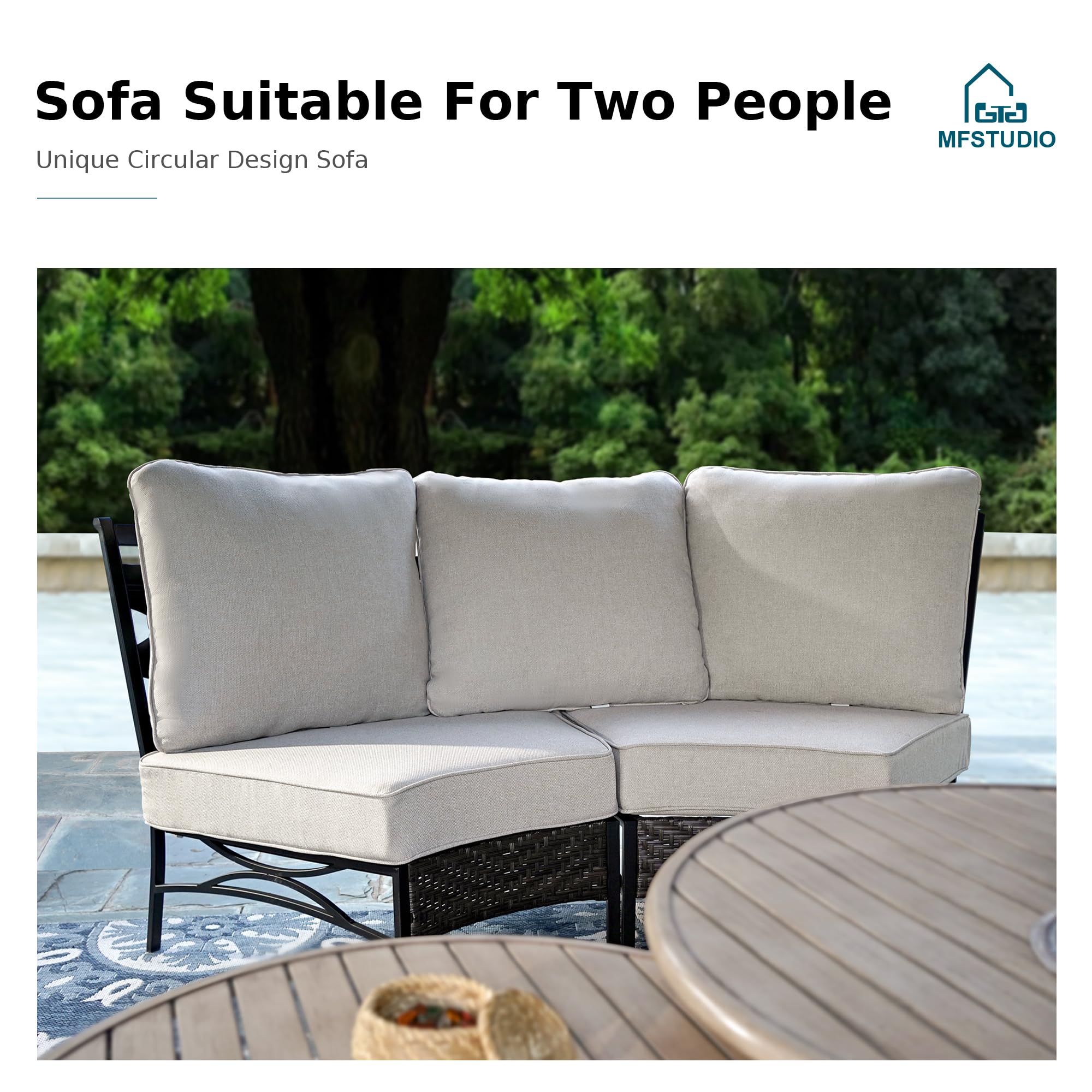 MFSTUDIO Patio Furniture Set, 10 Seats Half-Moon Curved Outdoor Sectional Sofa Conversation Set with 2 Wood-Like Round Table, Woven Rattan Patio Couch for Backyard, Garden, Deck