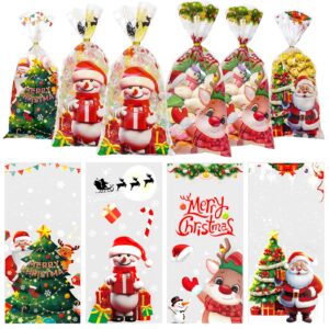 qoiuso christmas treat bags cellophane bags: 60 pcs christmas candy bags with ties for goodie snacks gifts wrapping, clear cellophane xmas gift bags for christmas party favor supplies- 4 style