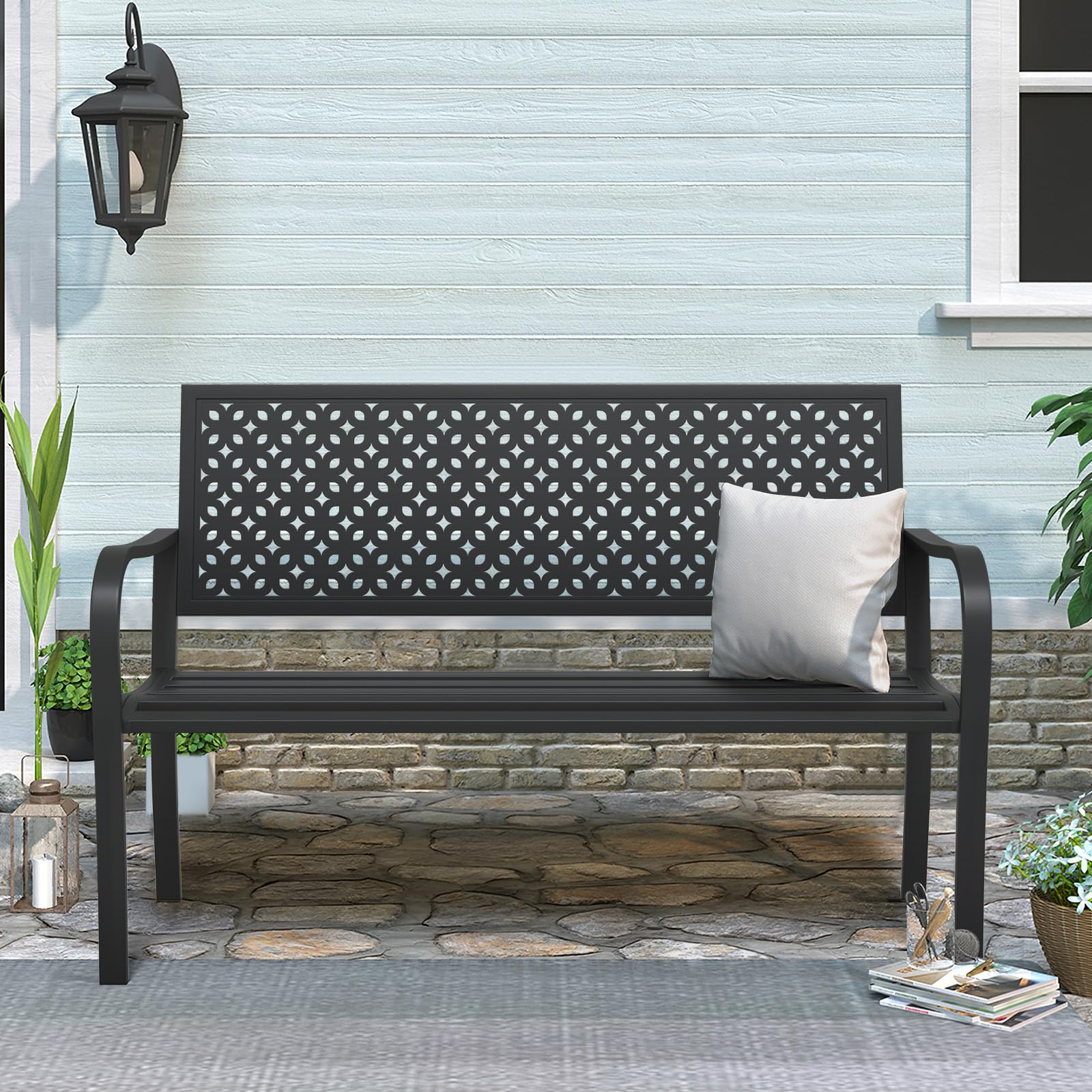 Maemttes 50 Inch Heavy-Duty Outdoor Bench, Metal Weatherproof Garden Bench with Decorative Backrest Anti-Rust Cast Iron Patio Bench for Park, Porch…