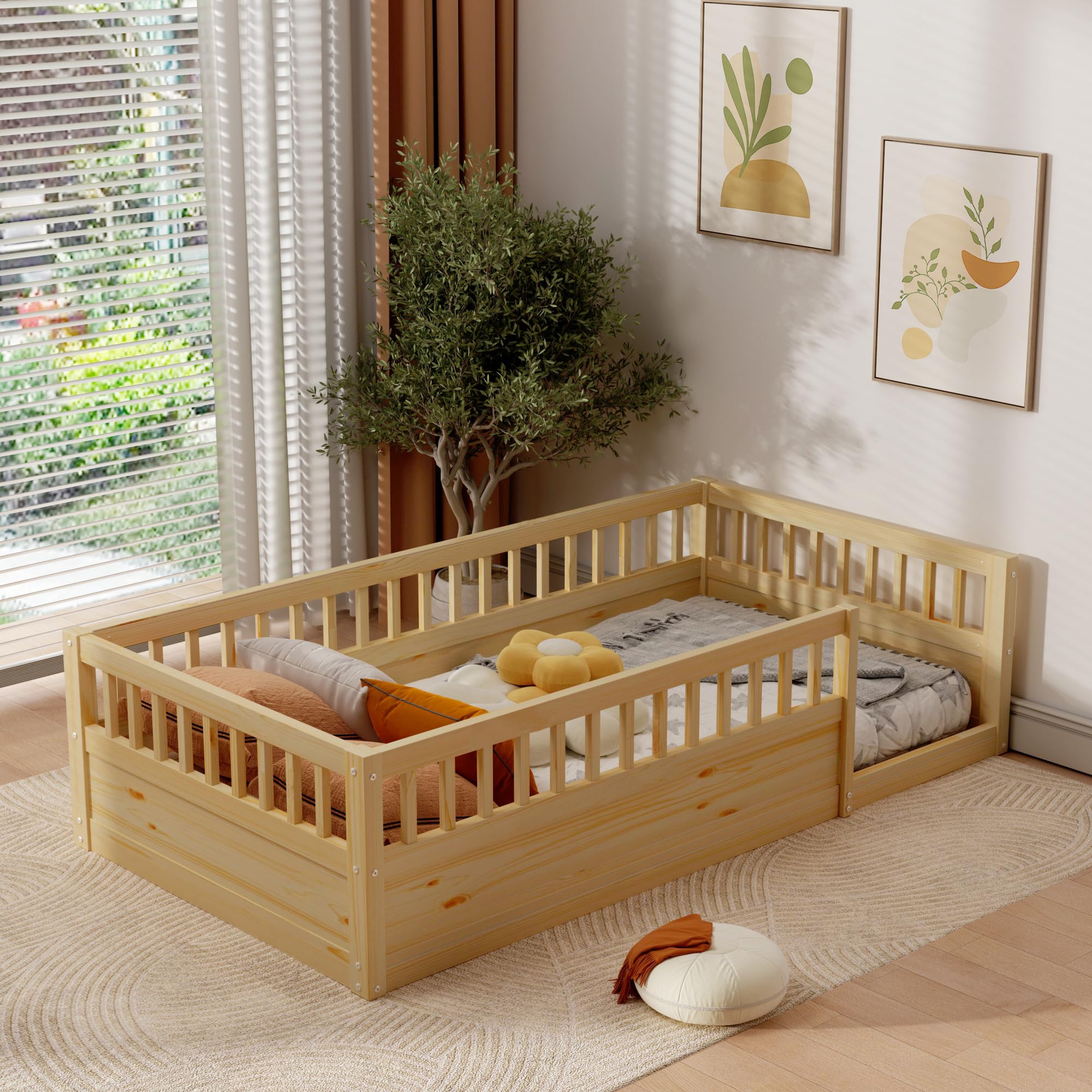 Bocarali Twin Size Montessori Floor Bed, Wood Floor Bed with High Fence, Twin Montessori Bed Frame for Kids Boys Girls, Natural, 78.5" L x 41.4" W x 19.6" H