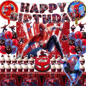 spider birthday party supplies, spider birthday party decorations include backdrop, birthday banner, hanging swirls, spider balloons, cupcake toppers, tablecloth