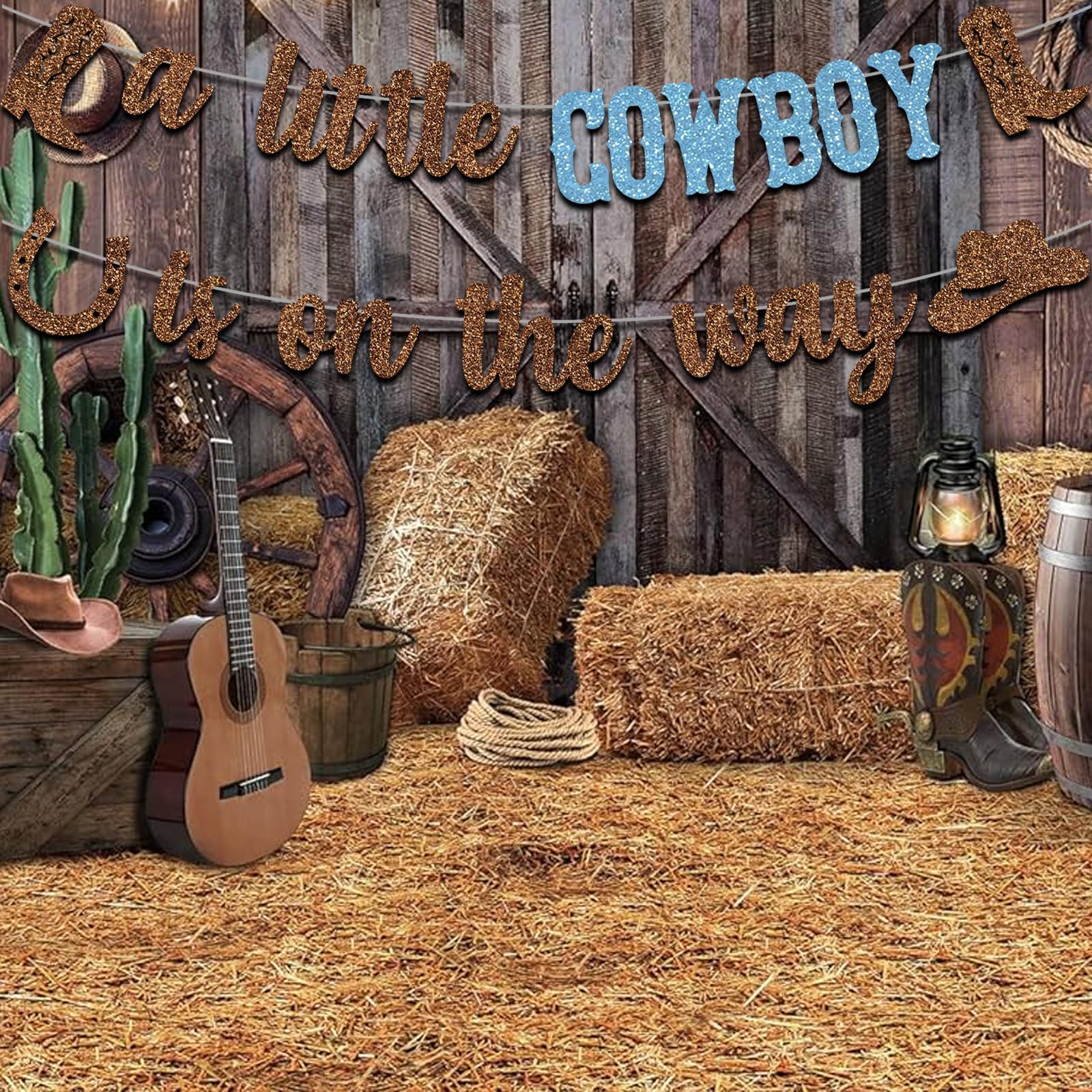 Cowboy Baby Shower Decoration A Little Cowboy Is On The Way Banner Western Boots Hats Backdrop Blue