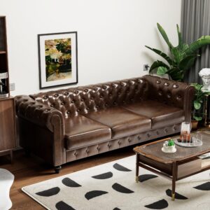 ReyTinn Modern Chesterfield Button-Tufted Couch, 88.2" Brown PU Leather 3 Seater Sofa, Home Luxurious Upholstered Sofa Deep Seat Couch for Living Room Apartment Home Office