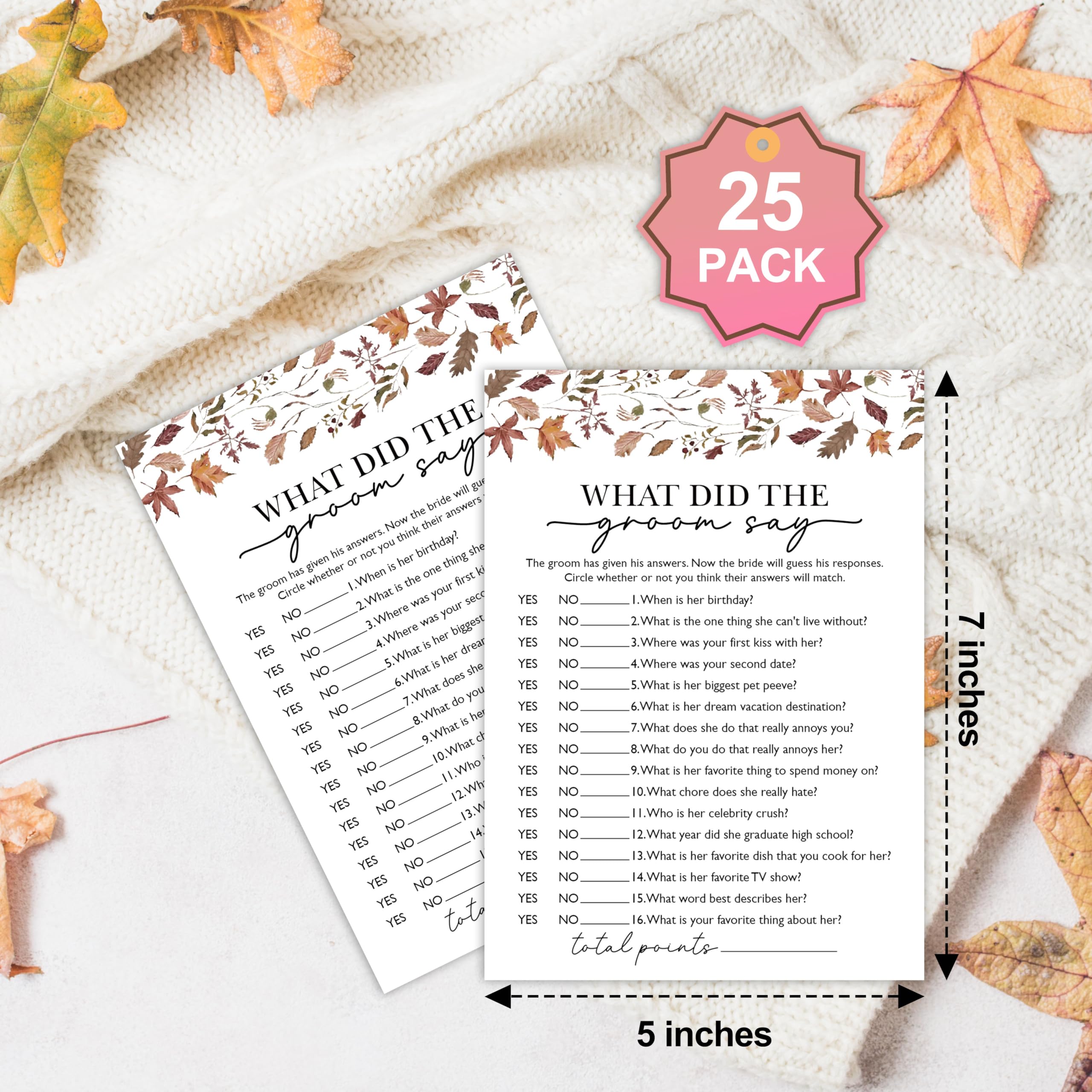 Fall Bridal Shower Games – 25 Pack, What Did The Groom Say, Autumn Floral Wedding Shower Games Cards, Newlyweds Party Decoration, Engagement Party Games, Bachelorette Party Ideas -03