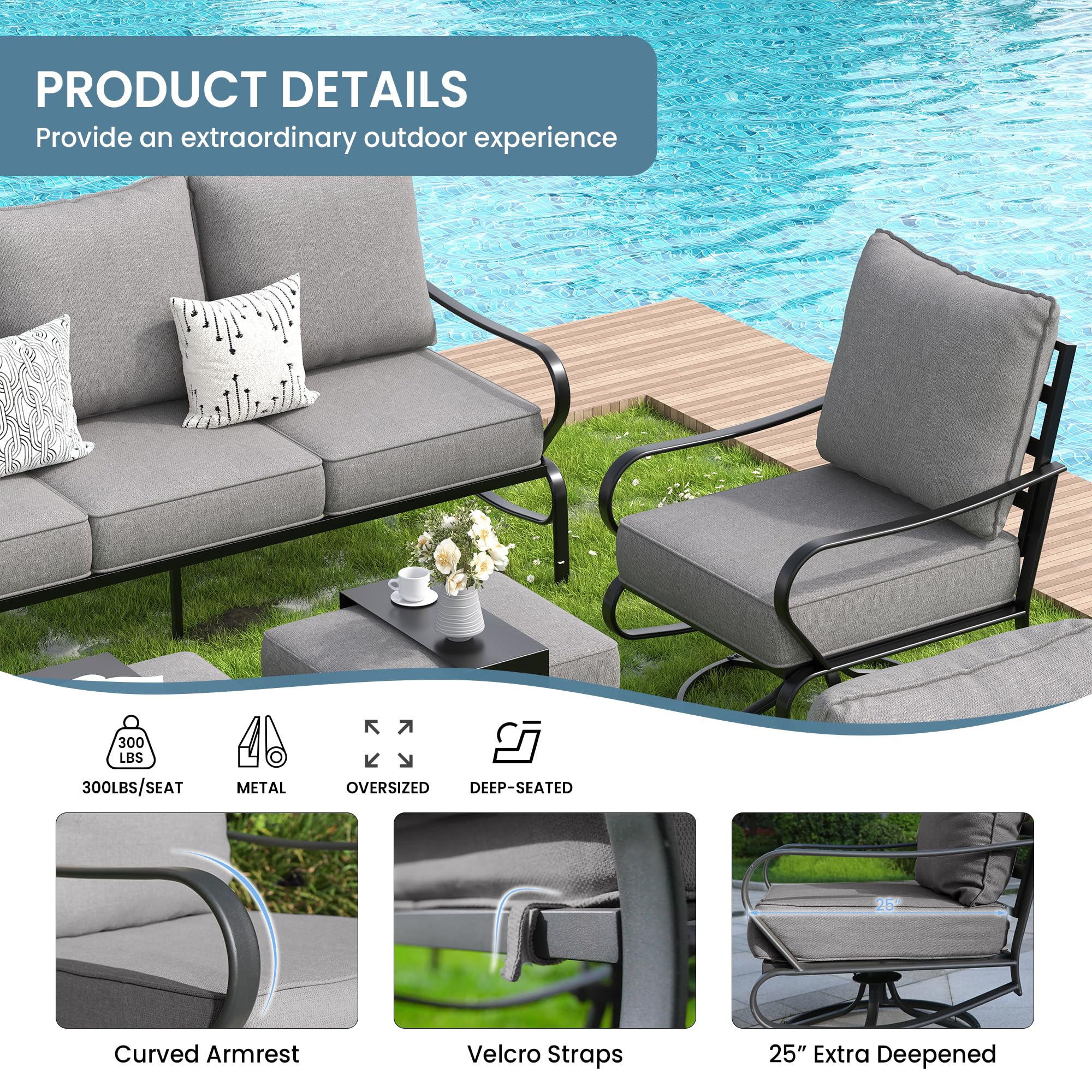 Amopatio Patio Furniture Set, Outdoor Furniture Set with Swivel Chair, 5 Pieces Patio Conversation Sets with 5.75" Extra Thick Cushion Include Waterproof Covers for Poolside Deck, Grey