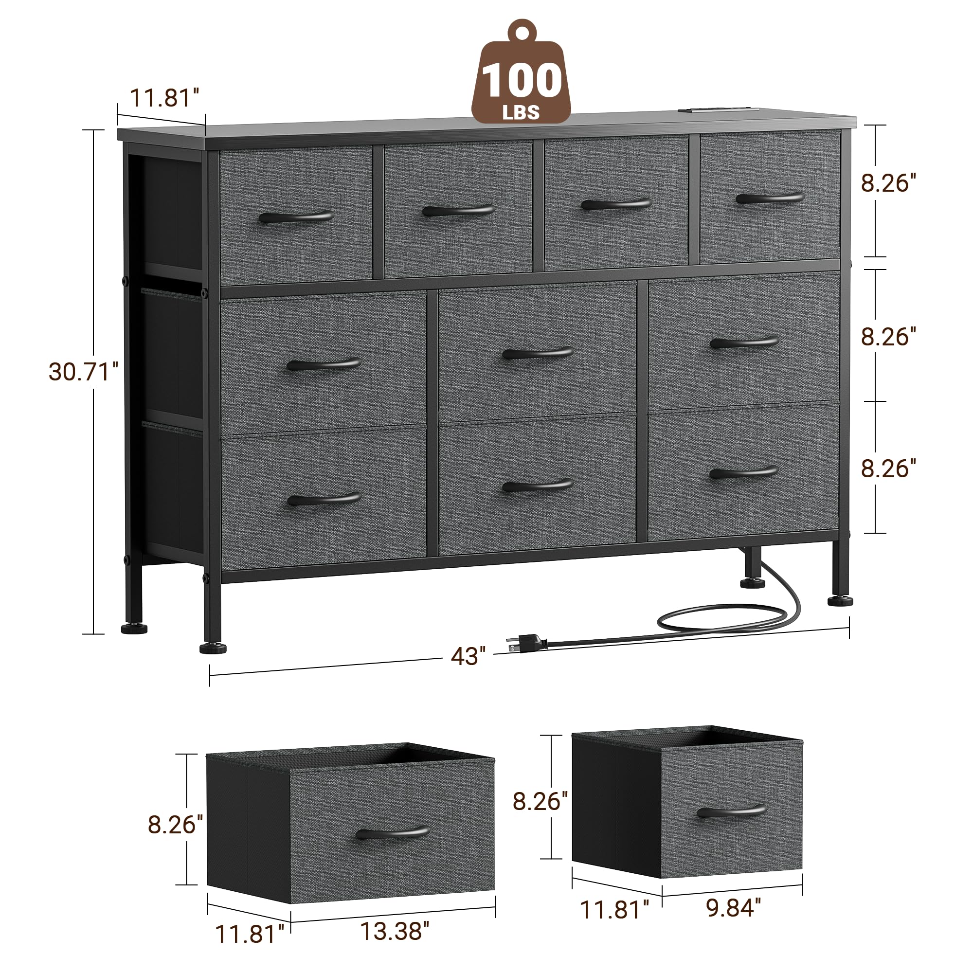 Lulive Grey Dresser for Bedroom 10 Drawer, Bedroom TV Stand with Power Outlet, Entertainment Center Chest of Drawers, Long Fabric Dresser for Living Room Save Space (Grey)