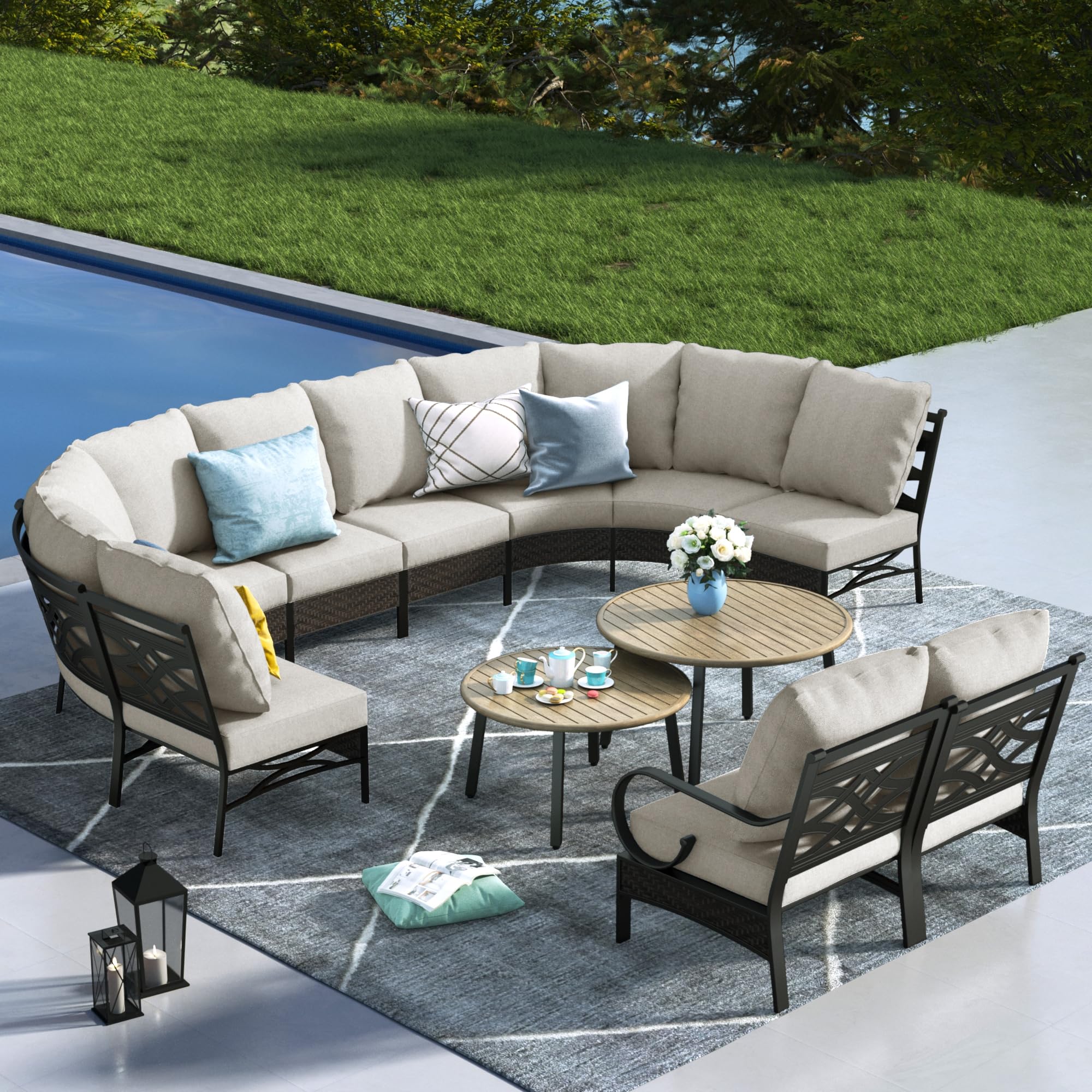 MFSTUDIO Patio Furniture Set, 10 Seats Half-Moon Curved Outdoor Sectional Sofa Conversation Set with 2 Wood-Like Round Table, Woven Rattan Patio Couch for Backyard, Garden, Deck