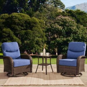 hillga swivel rocking patio chairs set, 3-piece porch set of 2 chairs with 6" thick cushions & small side table, basic vision (blue)