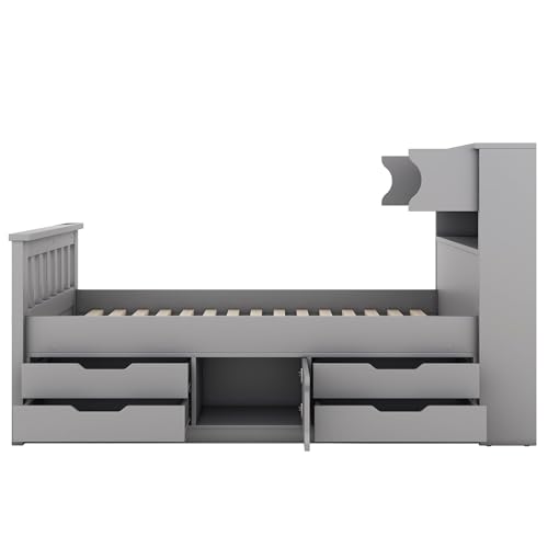 DEYOBED Twin Size Captain Platform Bed with Storage Bookcases, Shelves and 4 Drawers, Twin Wood Storage Platform Bed with Removable Storage Space for Kids, Boys and Girls, Gray