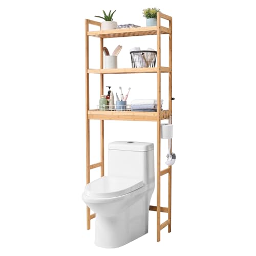 VEVOR Over The Toilet Storage, 3-Tier Adjustable Over Toilet Bathroom Organizer, Bamboo Storage Shelf Rack with 3 Hooks, Freestanding Easy Assembly Laundry Space Saver, Fit Most Toilets