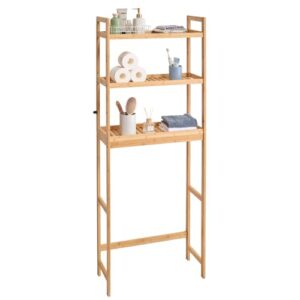 VEVOR Over The Toilet Storage, 3-Tier Adjustable Over Toilet Bathroom Organizer, Bamboo Storage Shelf Rack with 3 Hooks, Freestanding Easy Assembly Laundry Space Saver, Fit Most Toilets