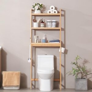 VEVOR Over The Toilet Storage, 3-Tier Adjustable Over Toilet Bathroom Organizer, Bamboo Storage Shelf Rack with 3 Hooks, Freestanding Easy Assembly Laundry Space Saver, Fit Most Toilets